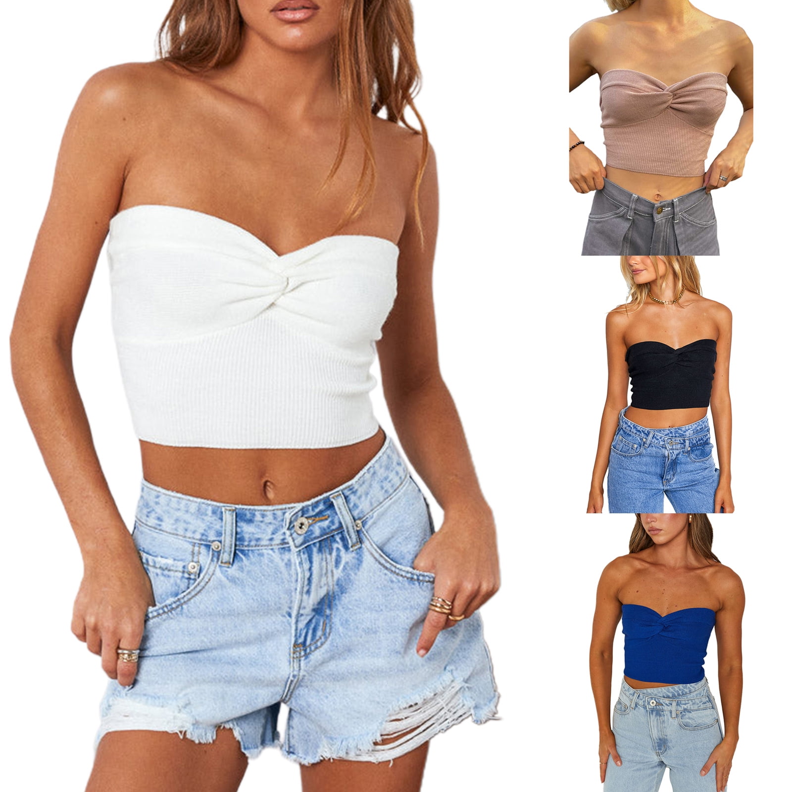Hirigin Womens Strapless Crop Top Sexy Sweetheart Neck Ribbed Knit
