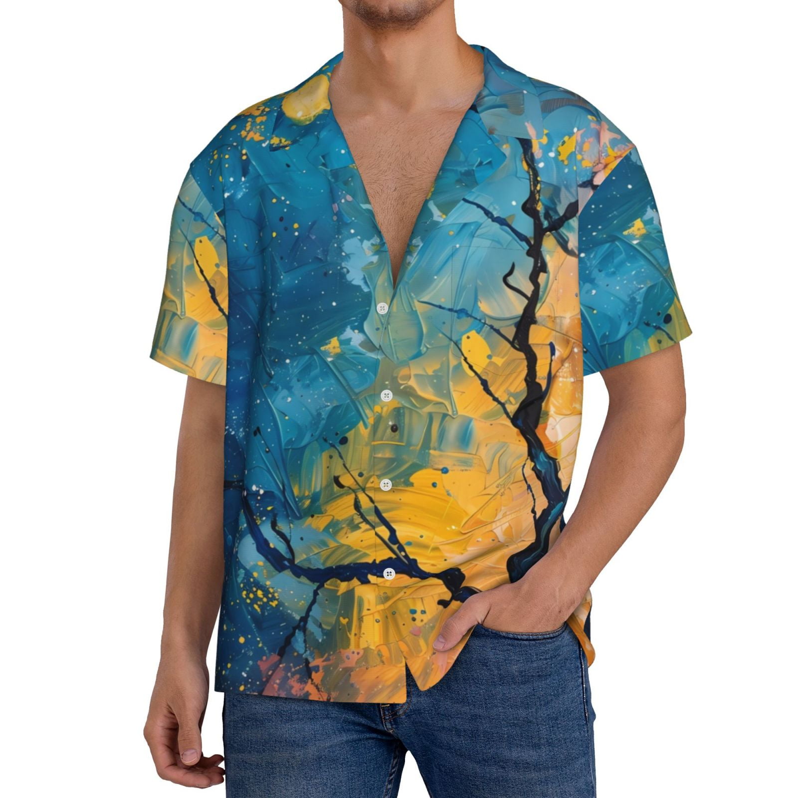 Hirioo Abstract Night Sky Tree for Men's Cuban Collar Short Sleeve ...
