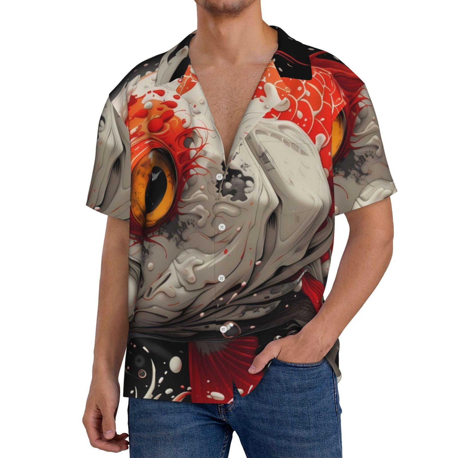 Hirioo Abstract Red Koi Fish Art for Men's Cuban Collar Short Sleeve ...