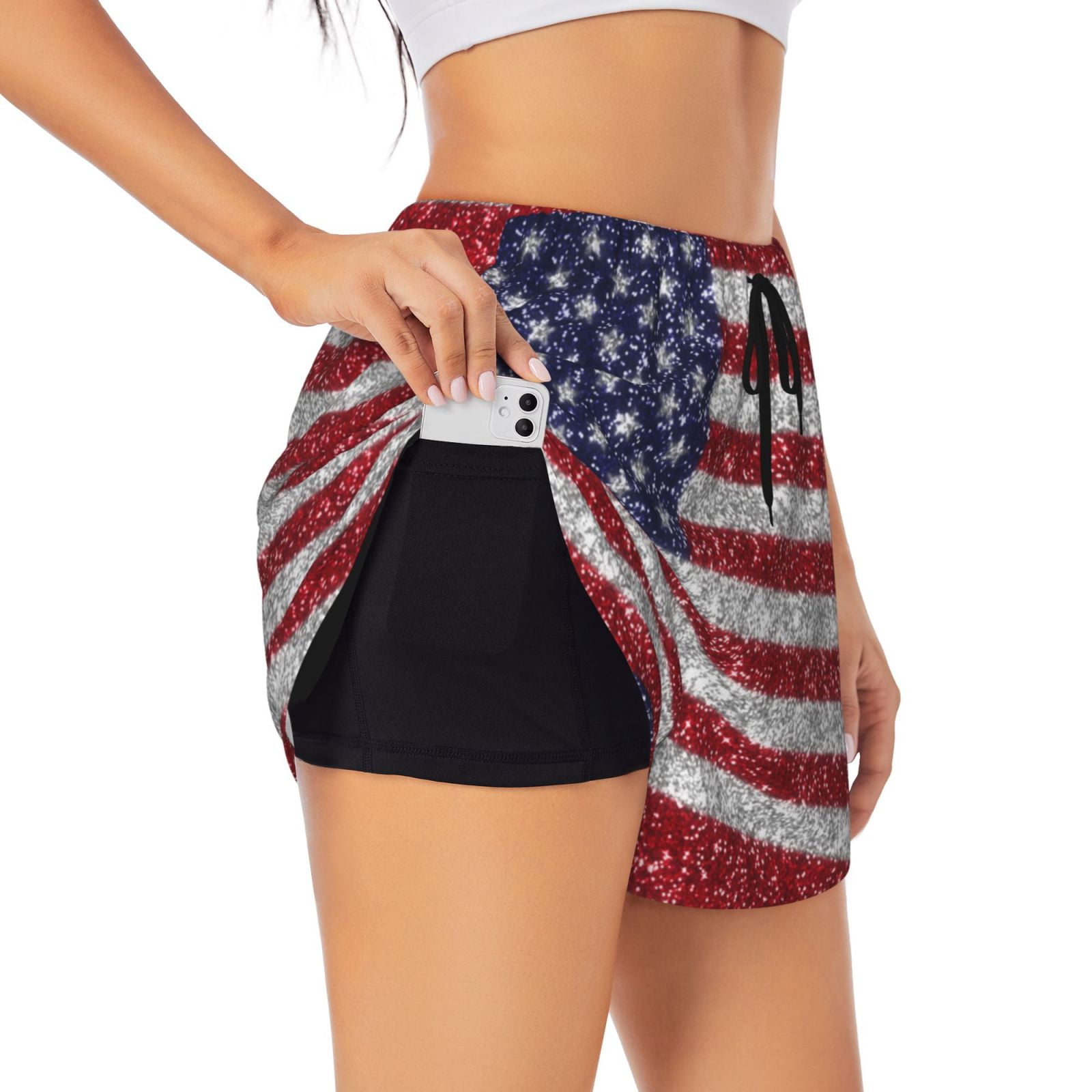 Hirioo America Flag Glitter for Women's Double Layer Athletic Shorts ...