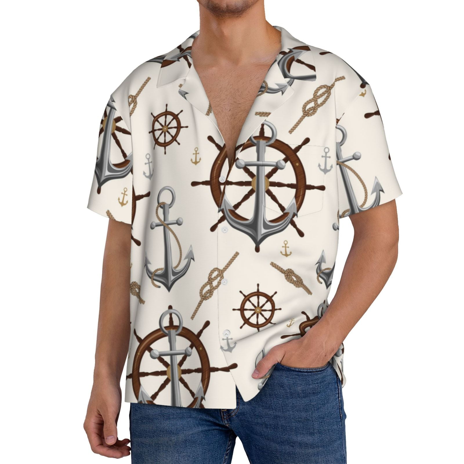 Hirioo Anchor with Rope for Men's Cuban Collar Short Sleeve Shirt ...