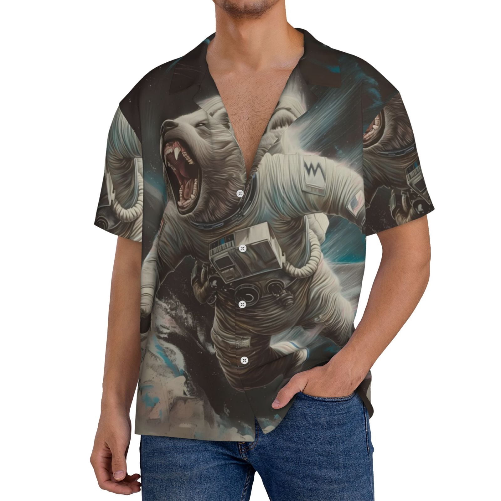 Hirioo Astronaut Polar Bear Roar for Men's Cuban Collar Short Sleeve ...