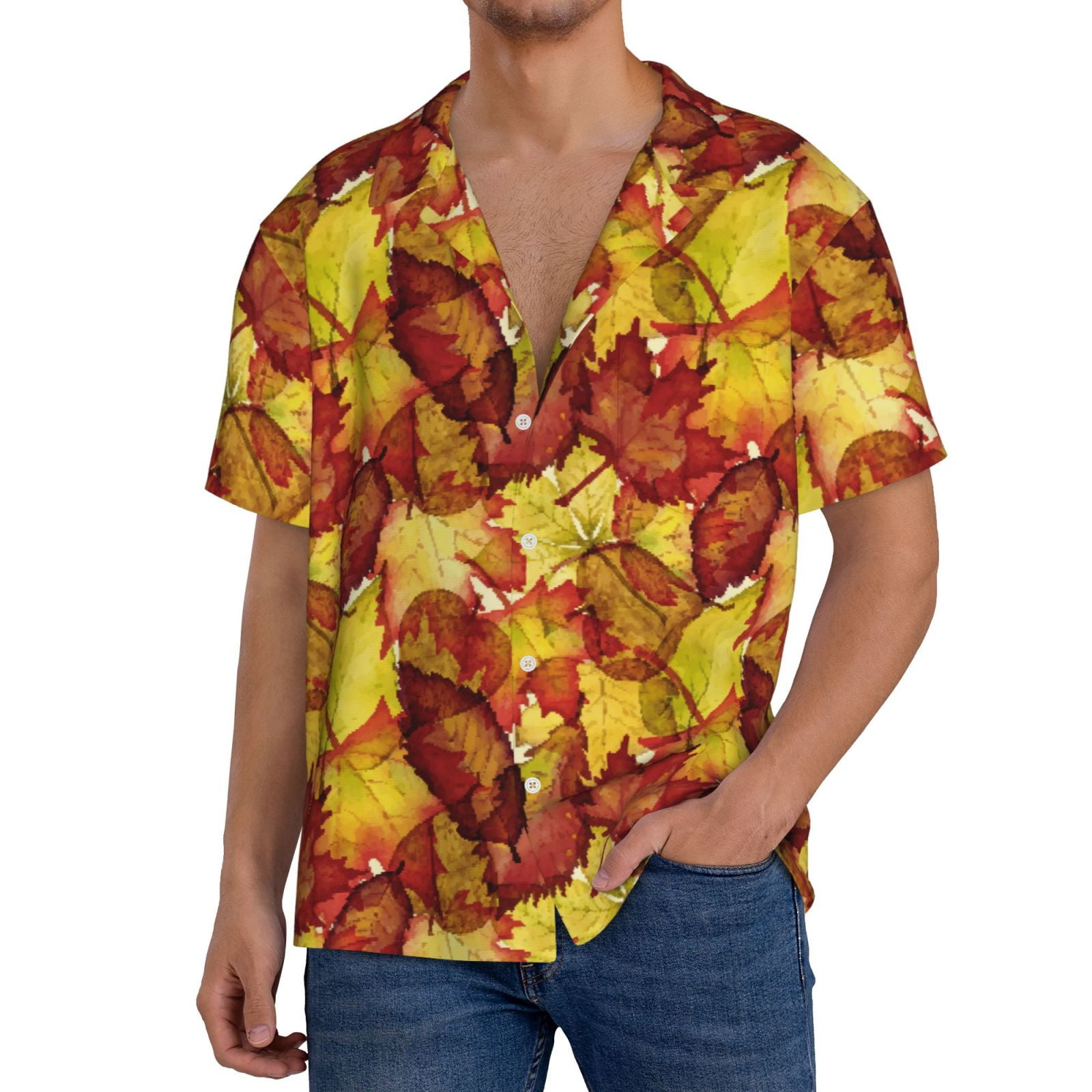 Hirioo Autumn Mosaic Maple Leaves for Men's Cuban Collar Short Sleeve ...