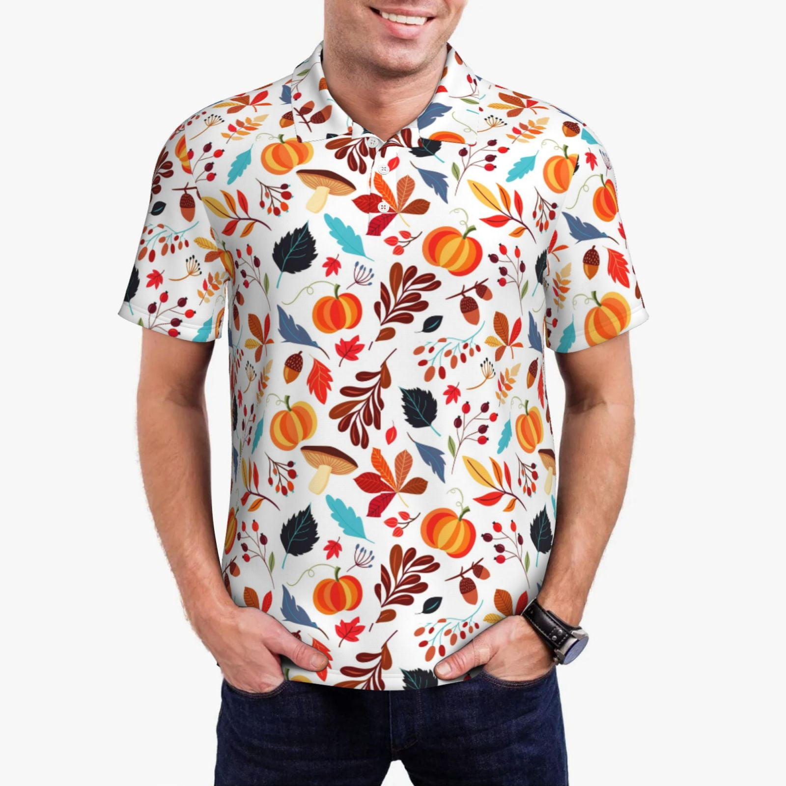 Hirioo Autumn Pumpkins Fall Leaves for Men’s Polo Shirts Quick Dry ...