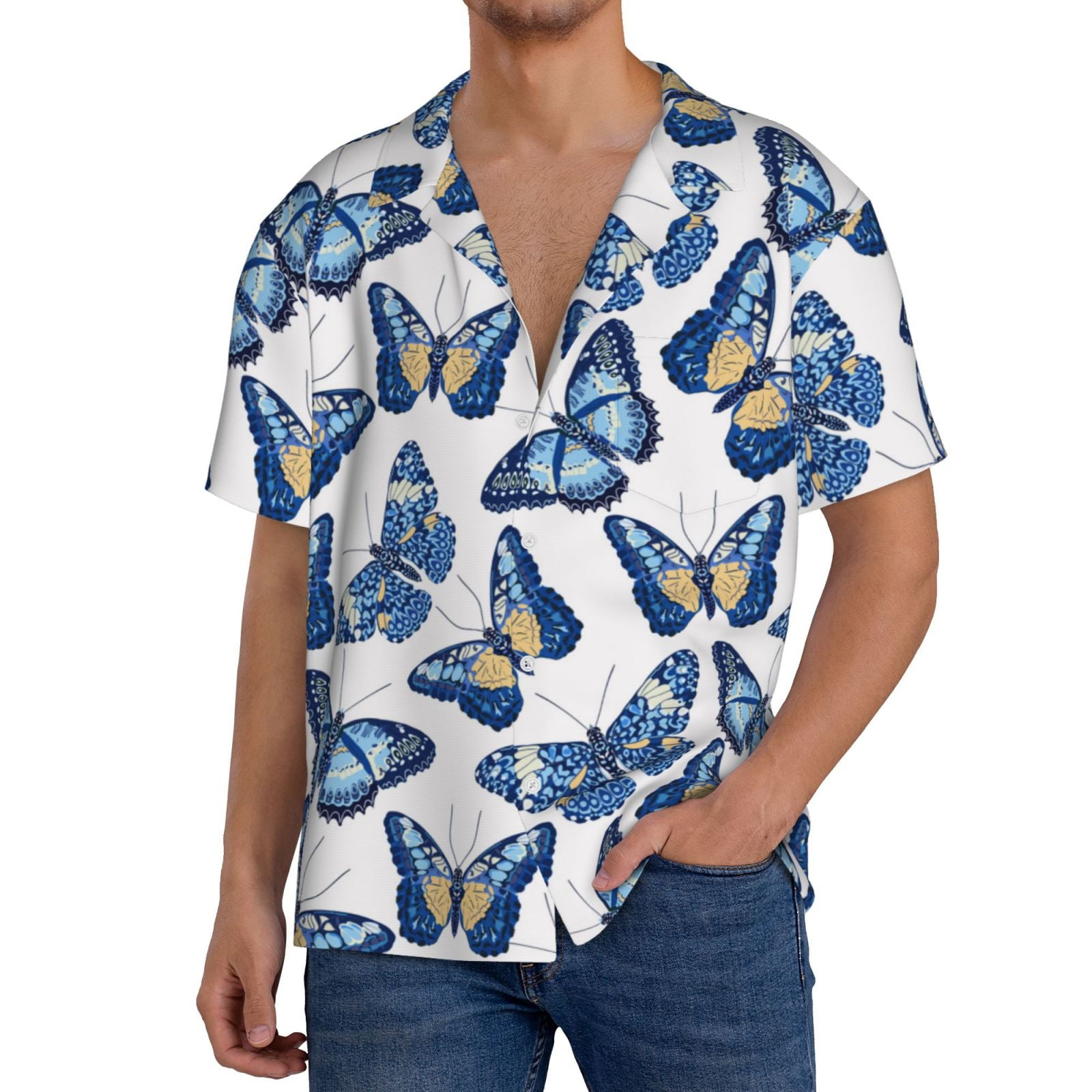 Hirioo Beautiful Butterflies for Men's Cuban Collar Short Sleeve Shirt ...