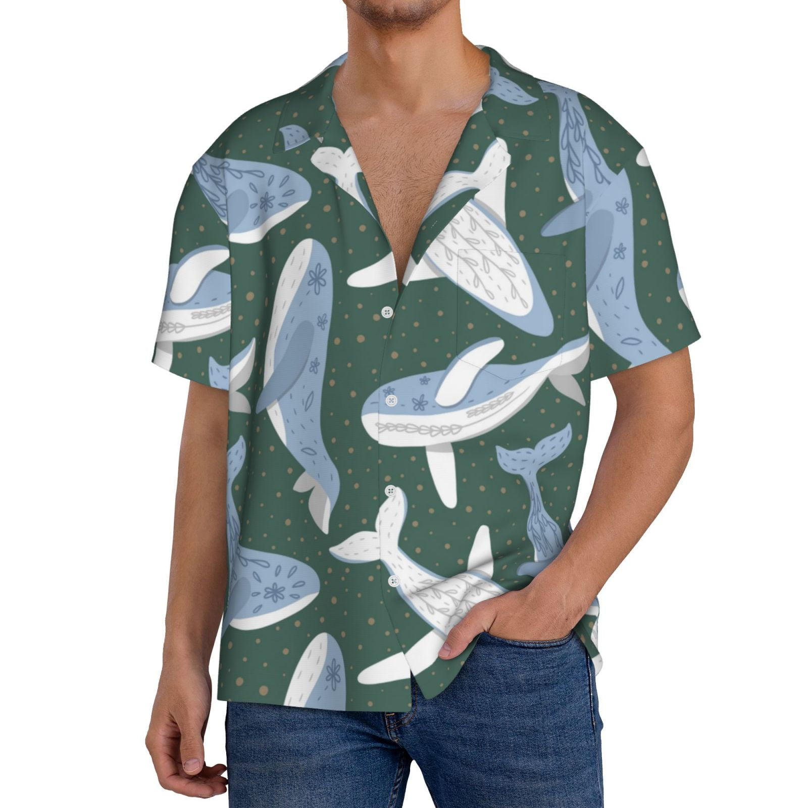 Hirioo Beautiful Whales for Men's Cuban Collar Short Sleeve Shirt Button Down Shirt Beach Summer ...