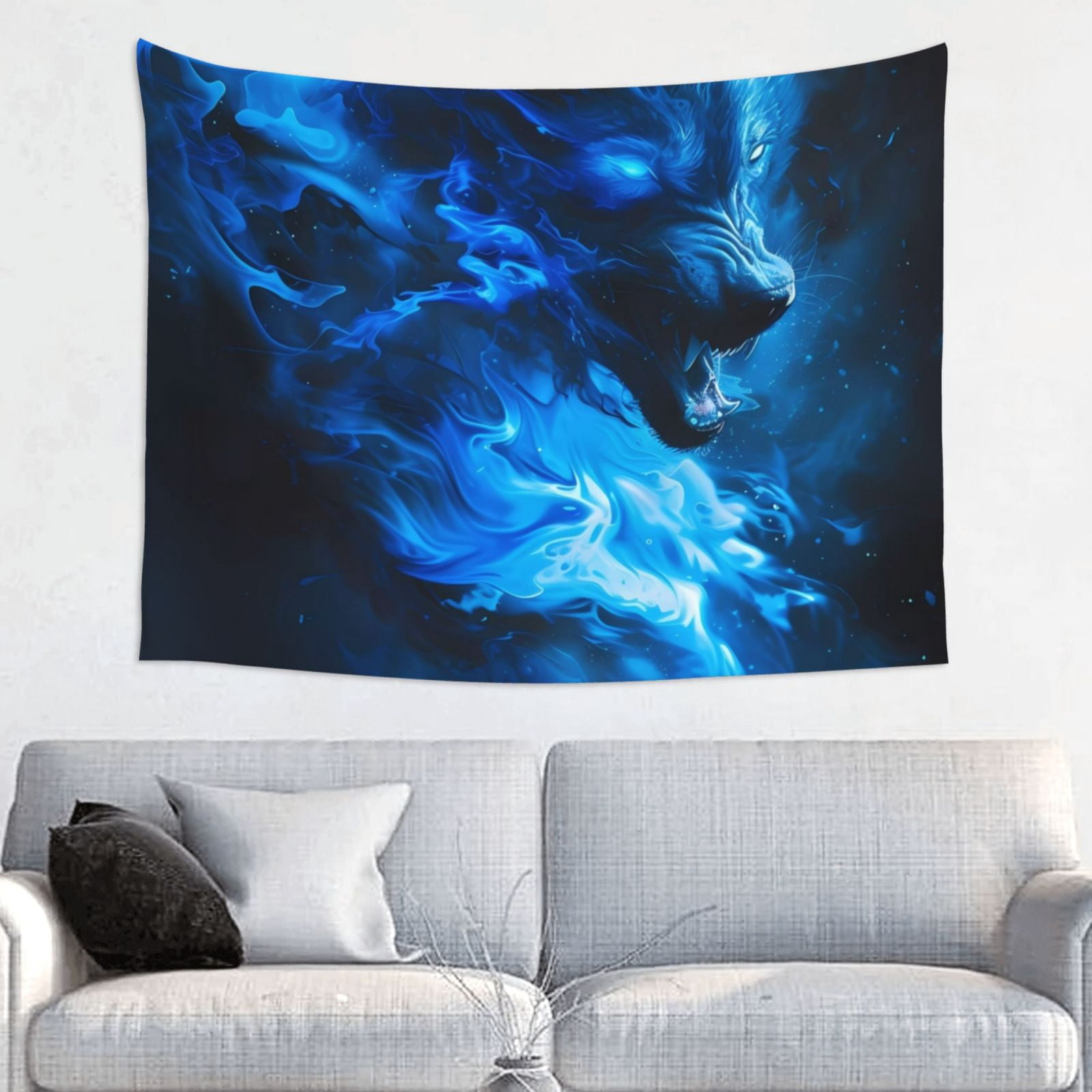 Hirioo Blue Fire Cool Wolf Print Tapestry Lightweight Fabric for ...