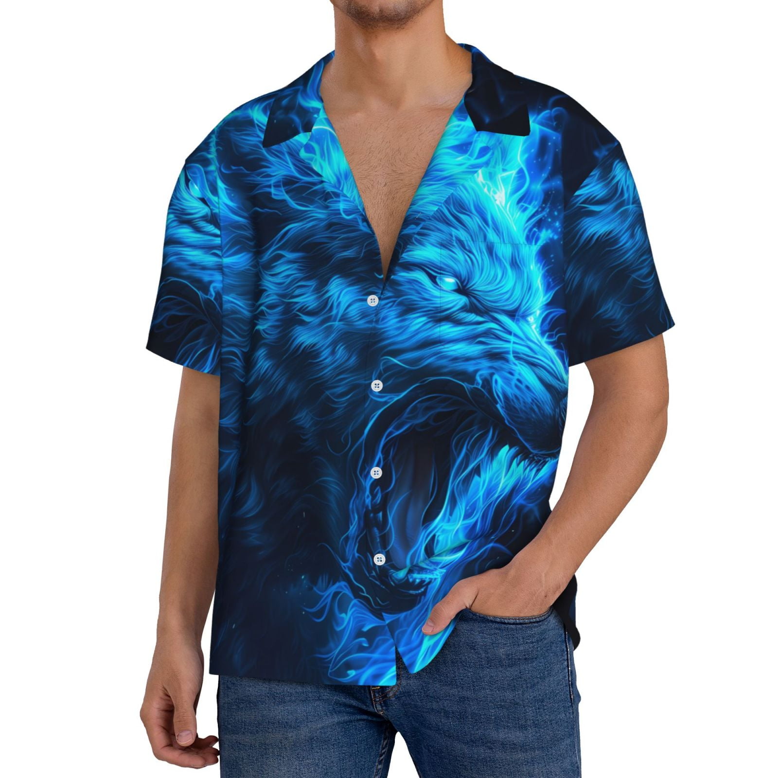 Hirioo Blue Fire Wolf for Men's Cuban Collar Short Sleeve Shirt Button ...