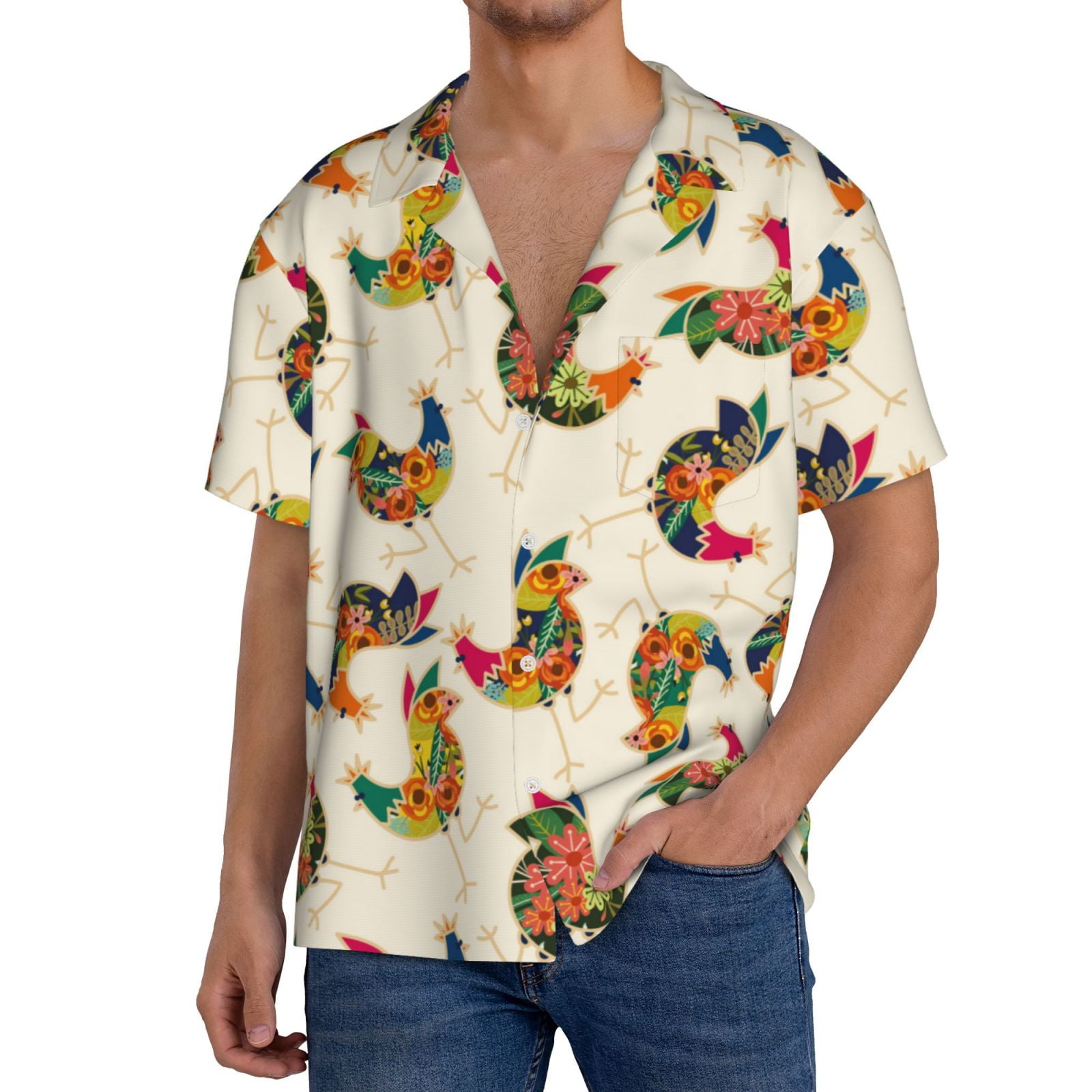 Hirioo Boho Chicken for Men's Cuban Collar Short Sleeve Shirt Button ...