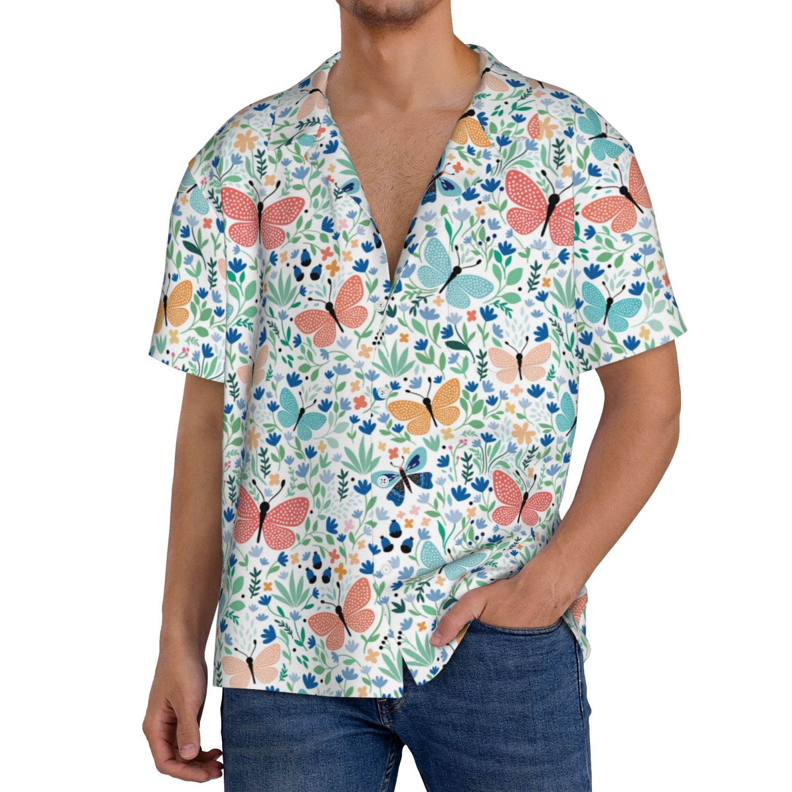 Hirioo Butterflies for Men's Cuban Collar Short Sleeve Shirt Button ...