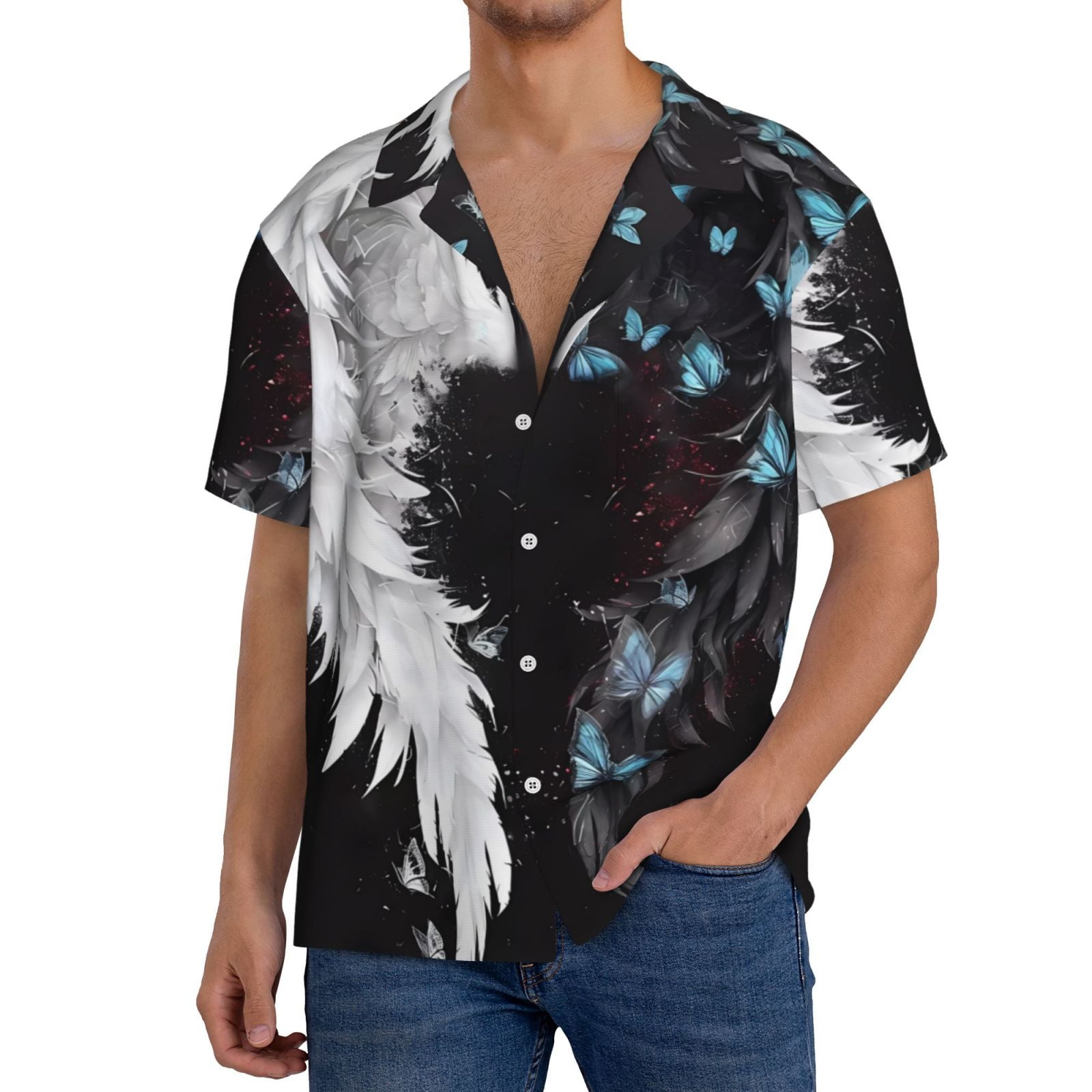 Hirioo Butterfly Angel Wings Art for Men's Cuban Collar Short Sleeve ...