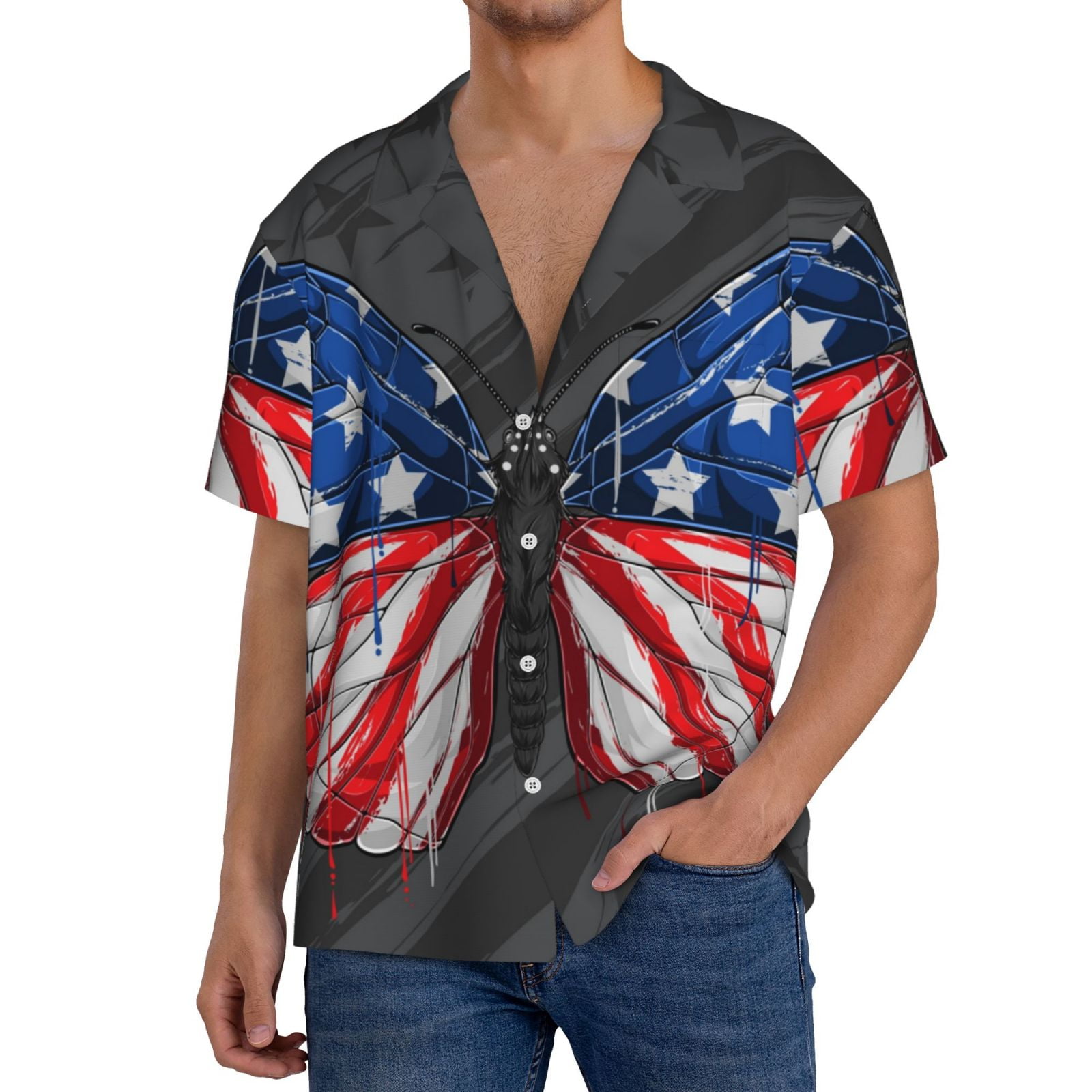 Hirioo Butterfly With USA Flag for Men's Cuban Collar Short Sleeve ...