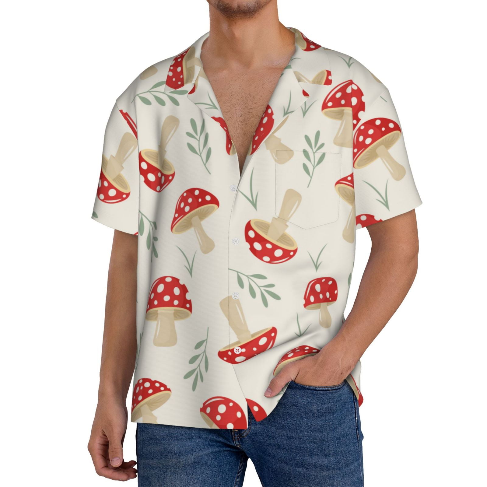 Hirioo Cartoon Flat Mushrooms for Men's Cuban Collar Short Sleeve Shirt ...