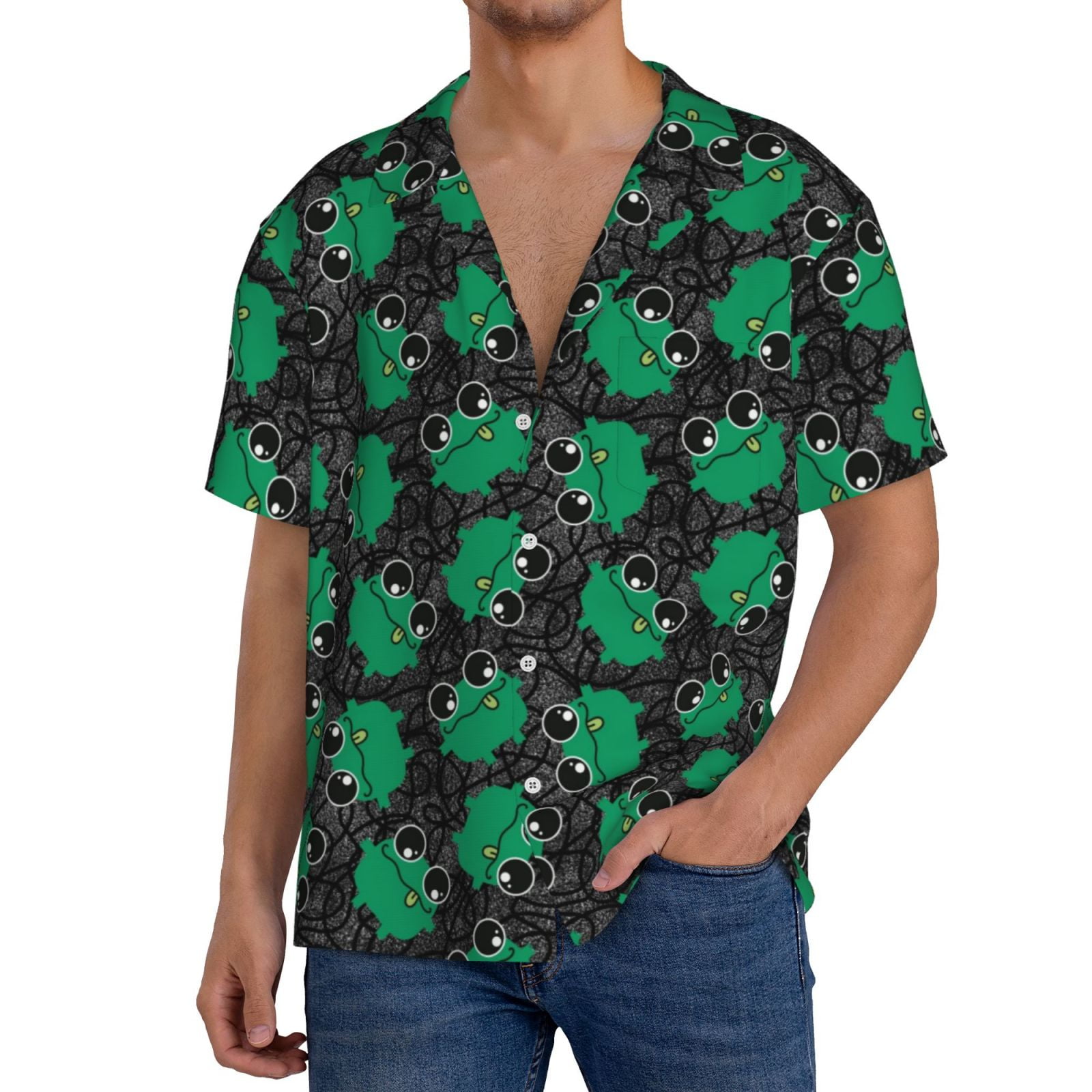 Hirioo Cartoon Kawaii Frogs for Men's Cuban Collar Short Sleeve Shirt ...