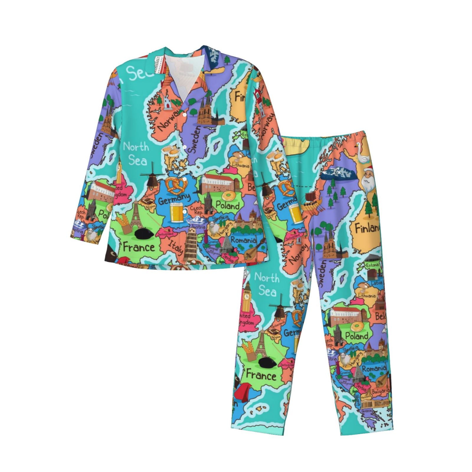Hirioo Cartoon Map Of Europe for Men's Pajama Sets 2 Piece Pjs Men's ...