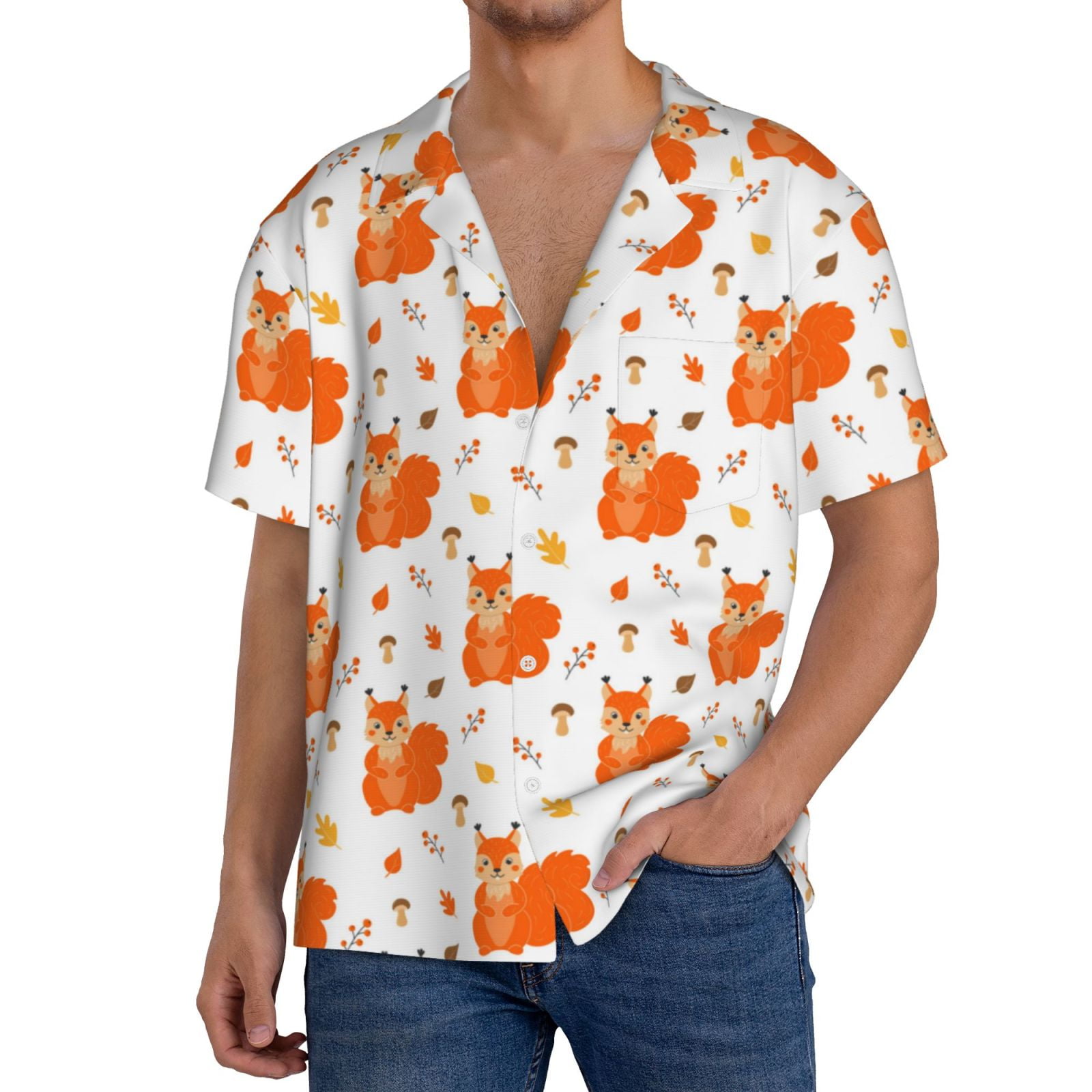 Hirioo Cartoon Squirrel for Men's Cuban Collar Short Sleeve Shirt ...