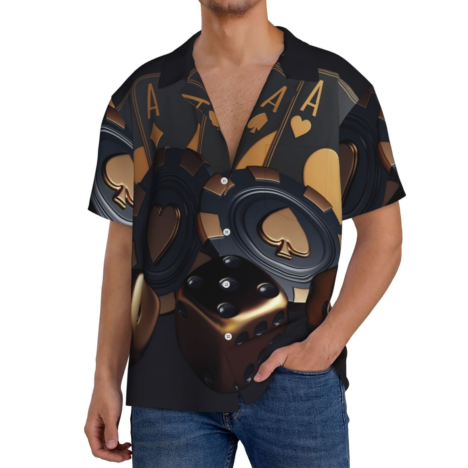Hirioo Casino Cards Poker for Men's Cuban Collar Short Sleeve Shirt ...