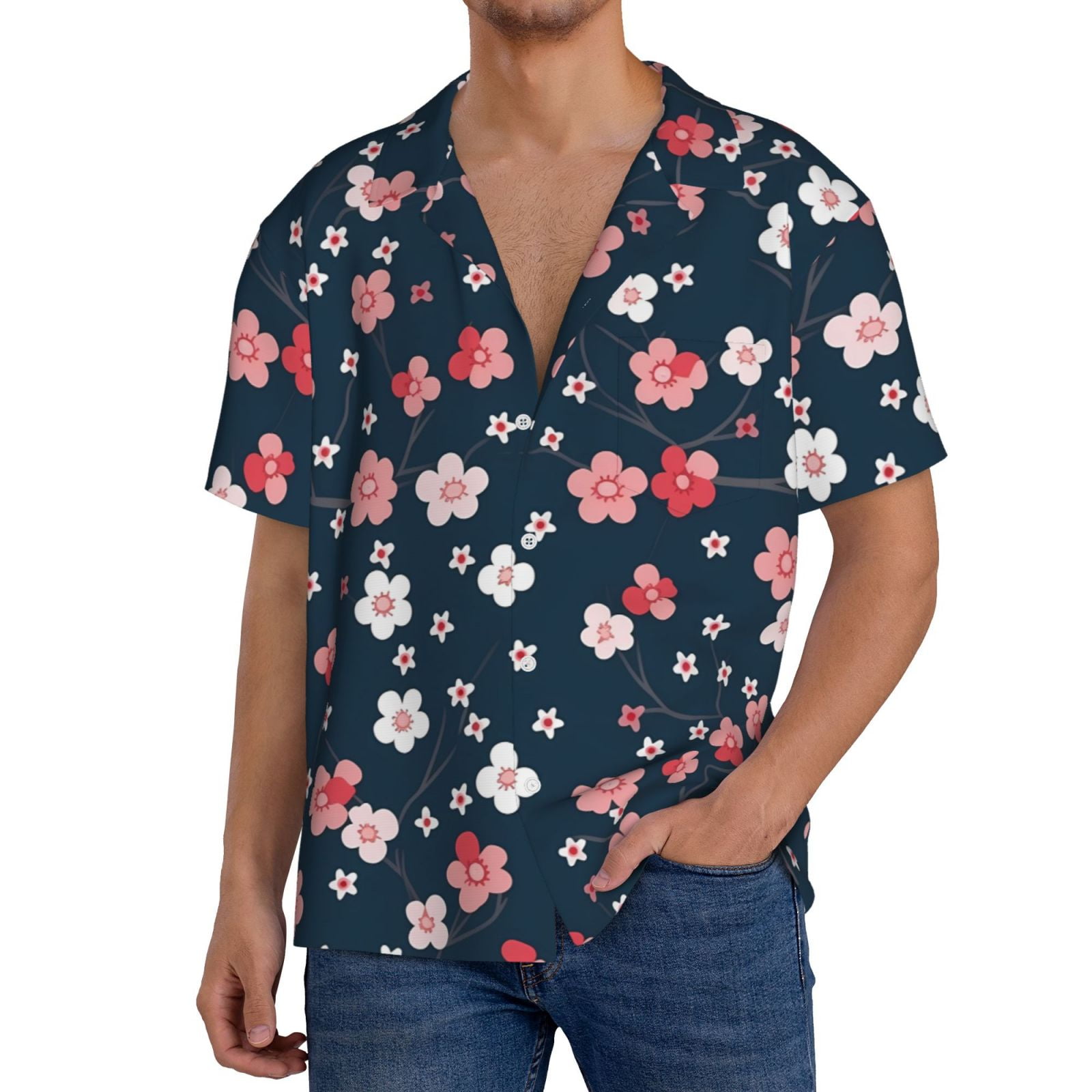 Hirioo Cherry Blossoms for Men's Cuban Collar Short Sleeve Shirt Button ...