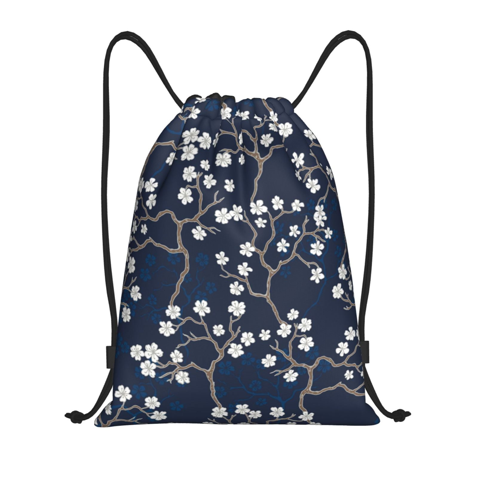 Hirioo Cherry Blossoms on Navy Background Print Drawstring Backpack Bag ...
