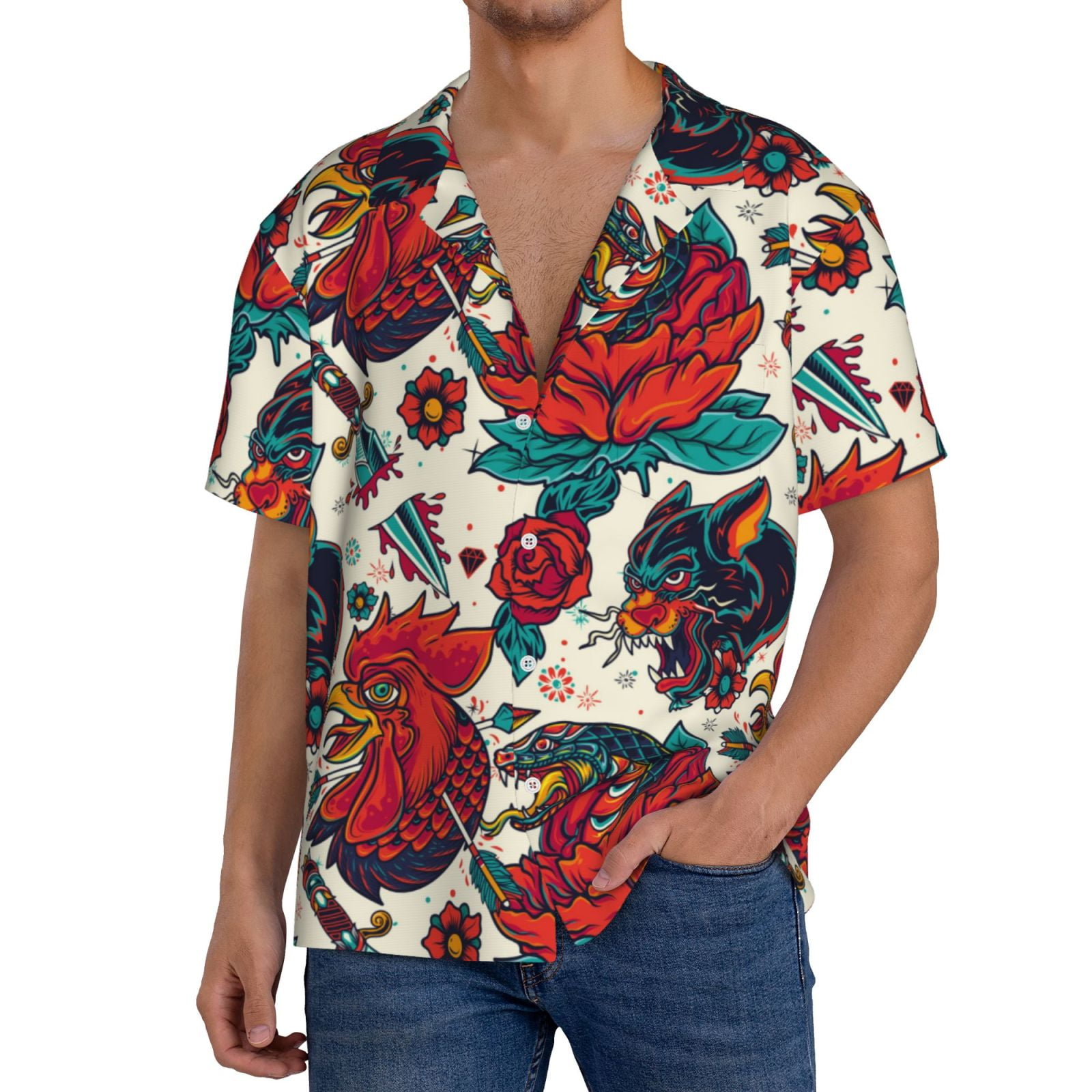 Hirioo Chicken for Men's Cuban Collar Short Sleeve Shirt Button Down ...