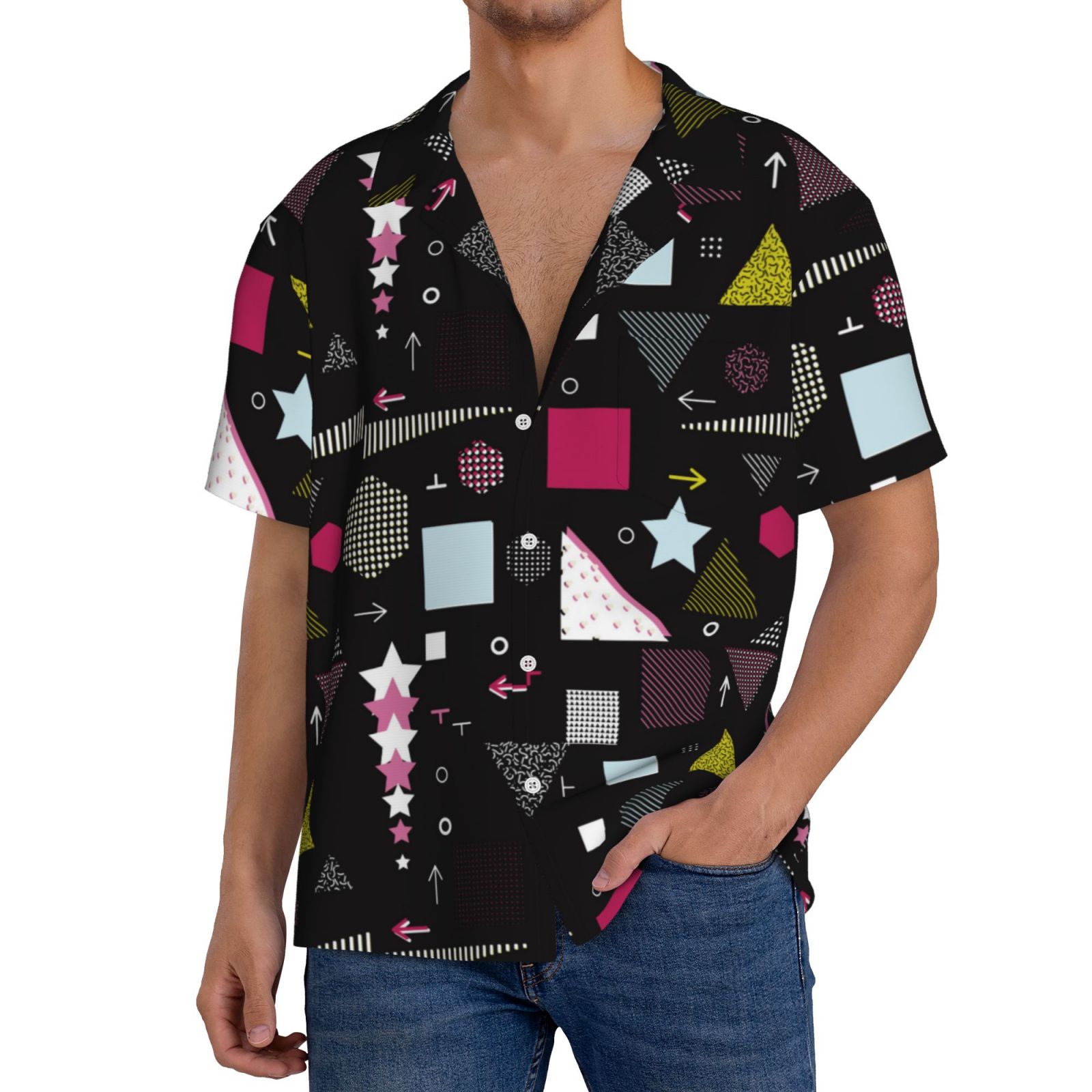 Hirioo Colorful Geometry for Men's Cuban Collar Short Sleeve Shirt ...
