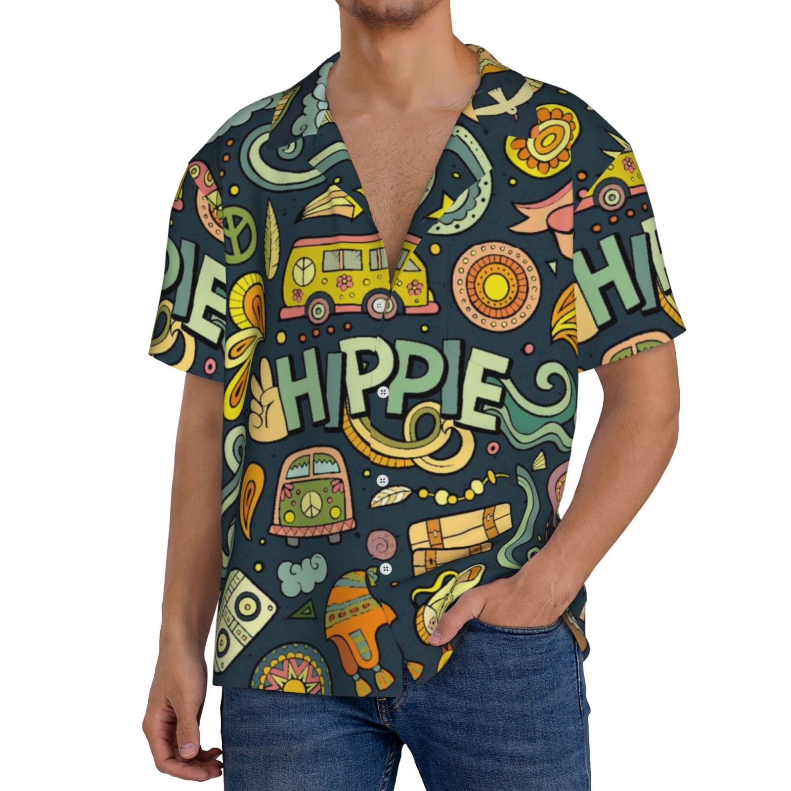 Hirioo Colorful Hippie for Men's Cuban Collar Short Sleeve Shirt Button ...