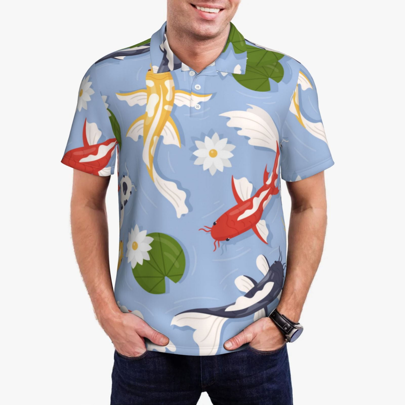 Hirioo Colorful Koi Fish for Men’s Polo Shirts Quick Dry Short Sleeve ...