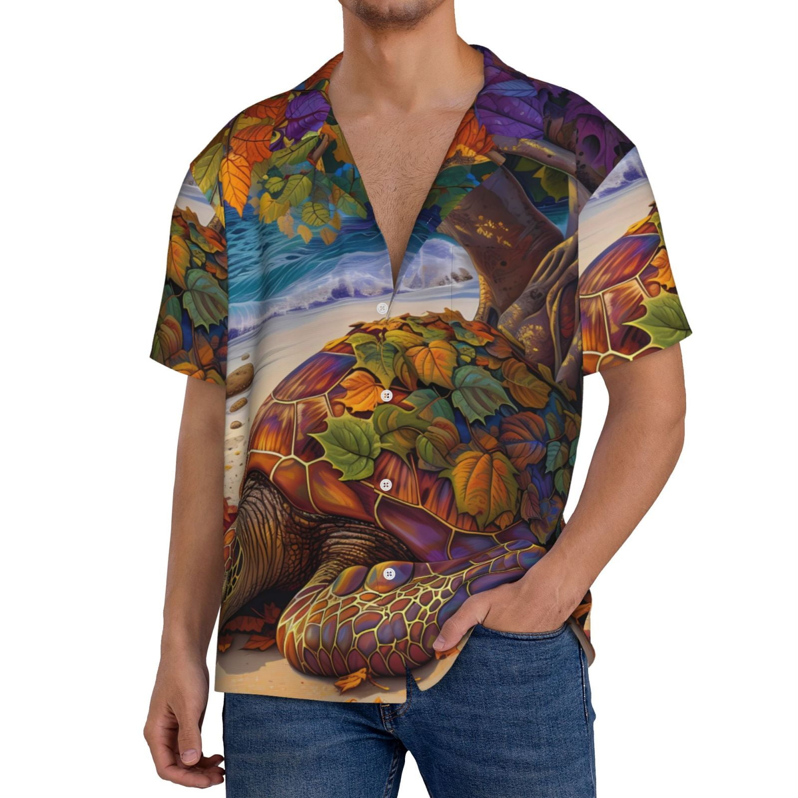 Hirioo Colorful Maple Leaf Beach Turtle for Men's Cuban Collar Short ...