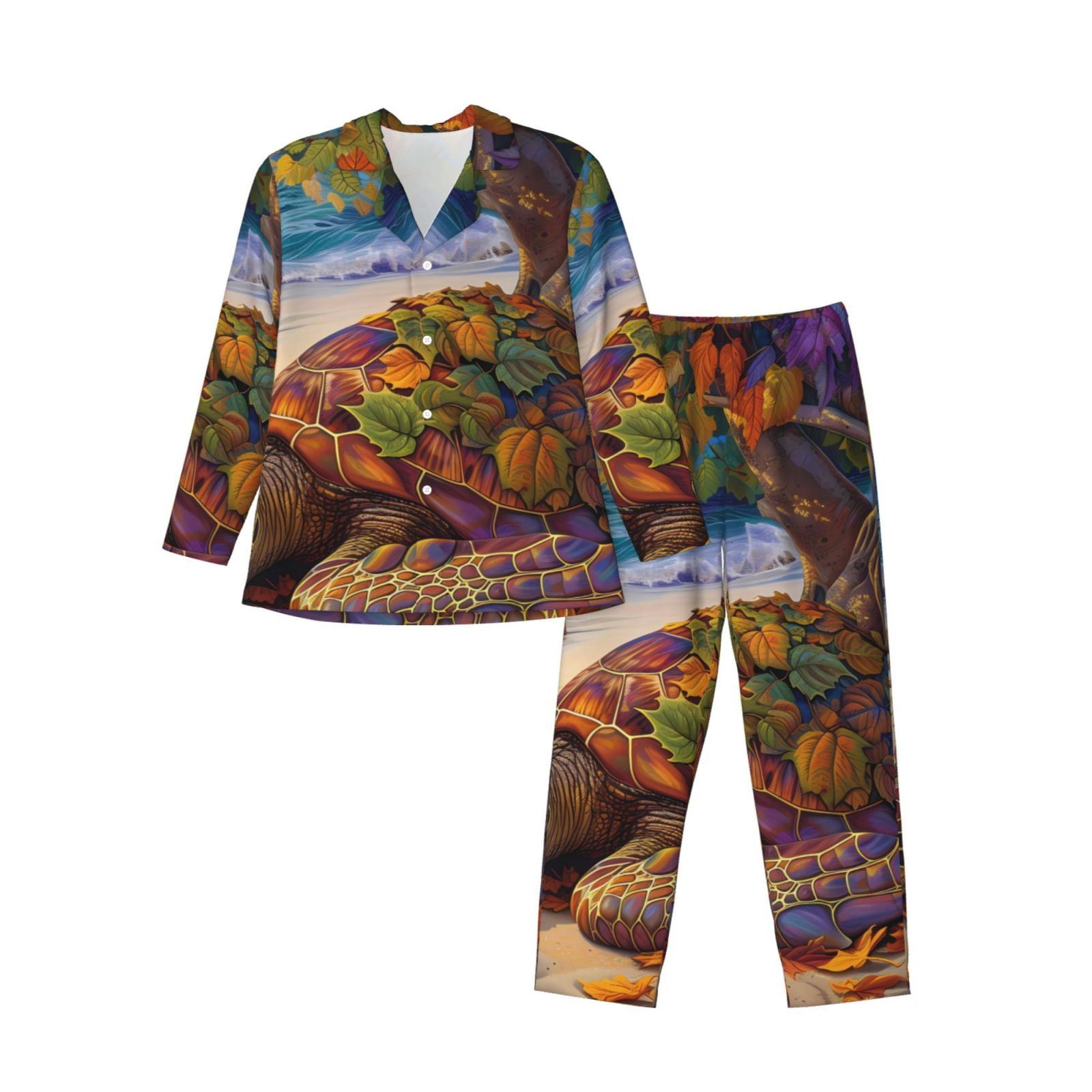 Hirioo Colorful Maple Leaf Beach Turtle for Men's Pajama Sets 2 Piece ...