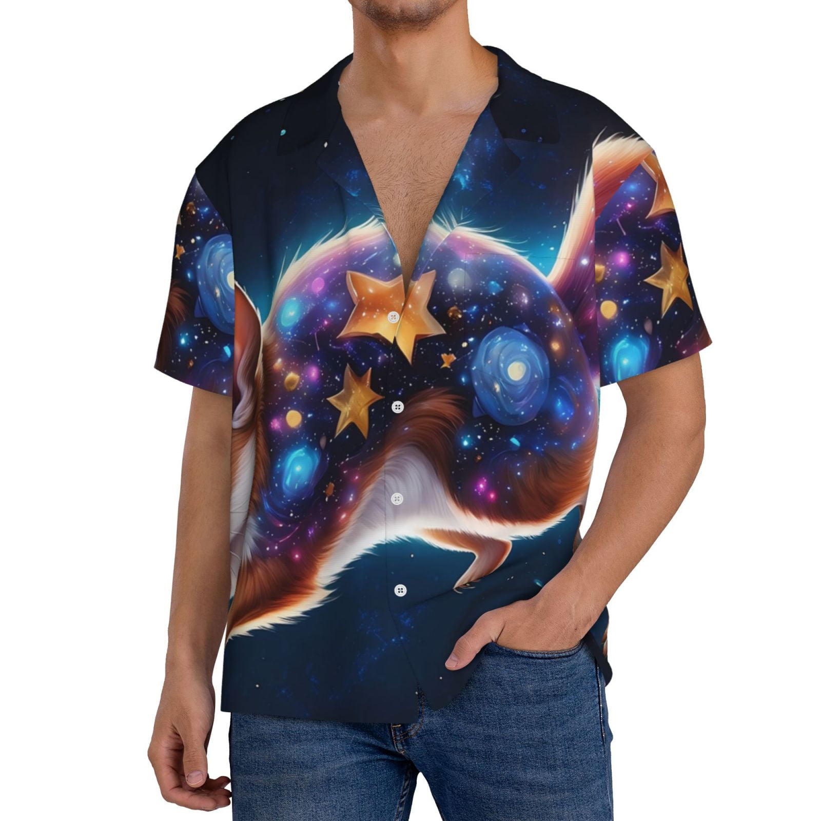 Hirioo Colorful Star River Squirrel for Men's Cuban Collar Short Sleeve ...