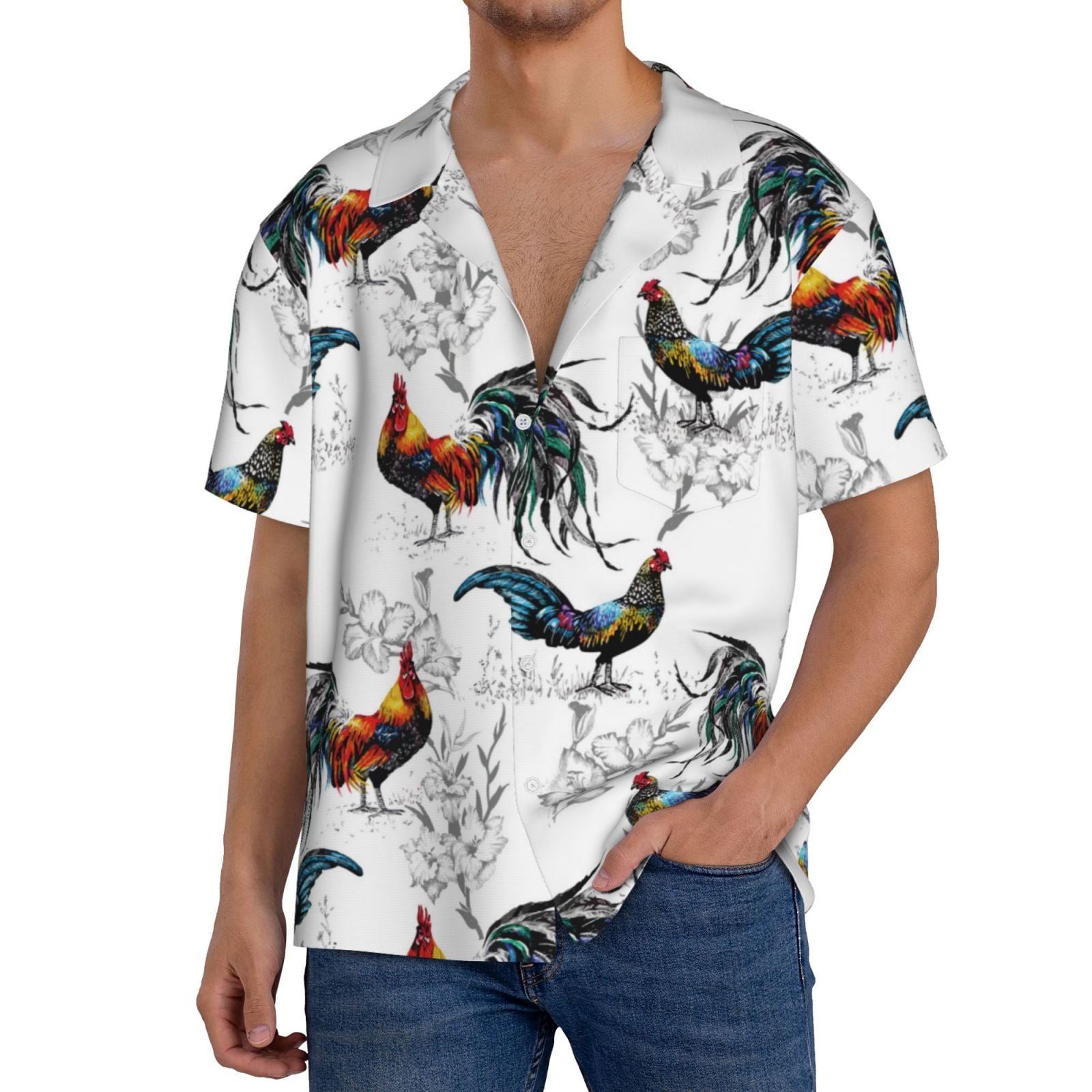 Hirioo Cool Chicken for Men's Cuban Collar Short Sleeve Shirt Button ...