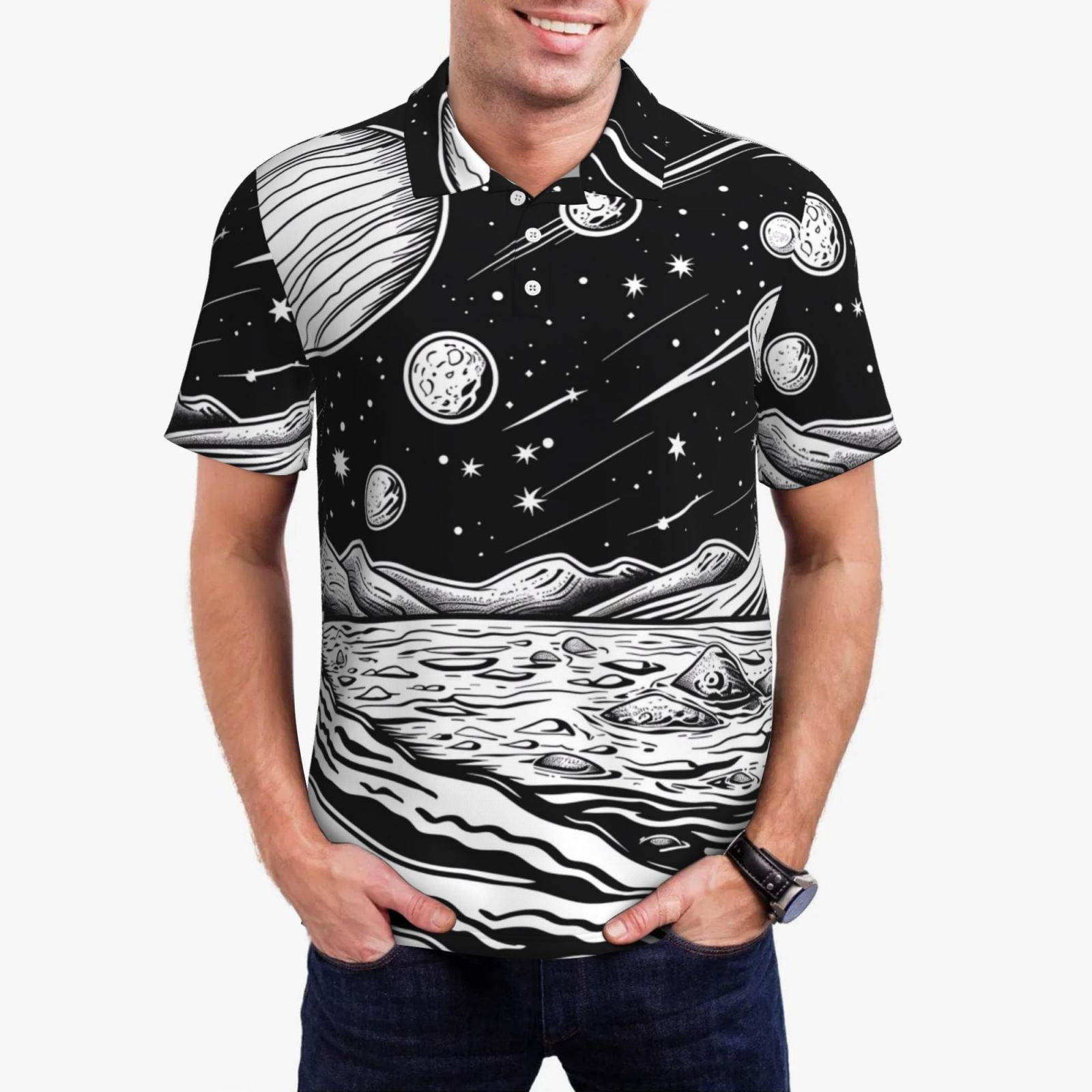 Hirioo Cosmic Landscape Celestial Art for Men’s Polo Shirts Quick Dry ...