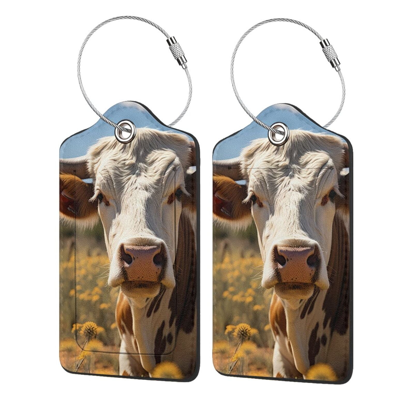 Hirioo Countryside Flower Cow Print Leather Luggage Tag with Stainless ...