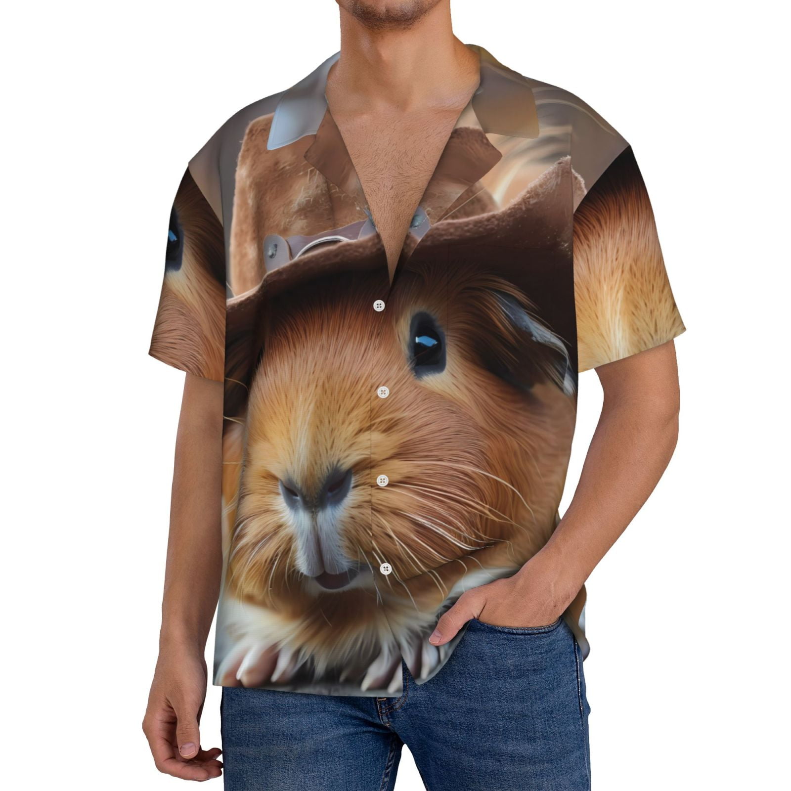 Hirioo Cowboy Hat Guinea Pig for Men's Cuban Collar Short Sleeve Shirt ...
