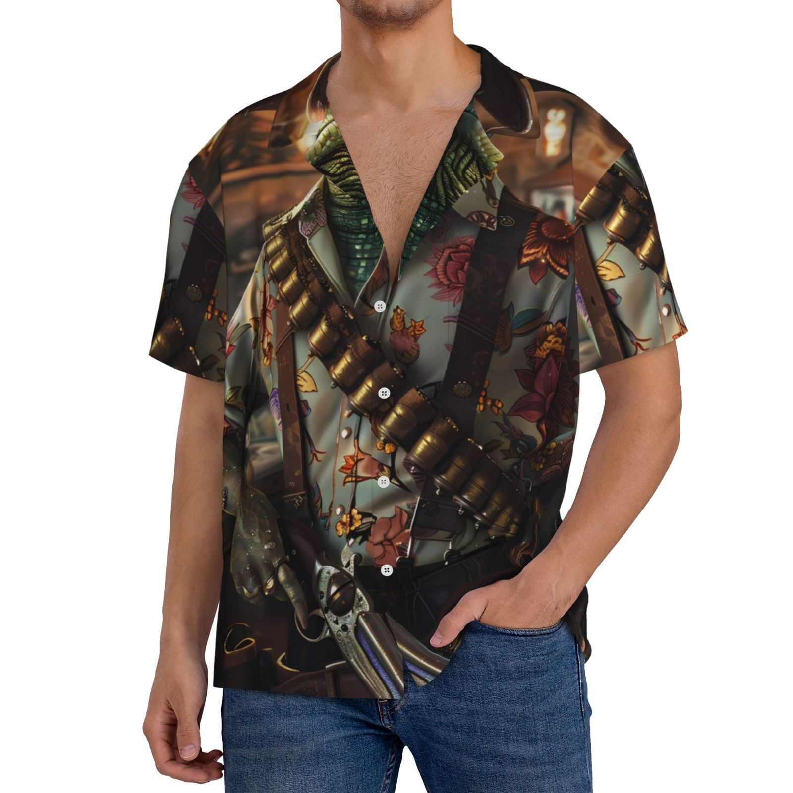 Hirioo Cowboy Iguana Floral Shirt for Men's Cuban Collar Short Sleeve ...