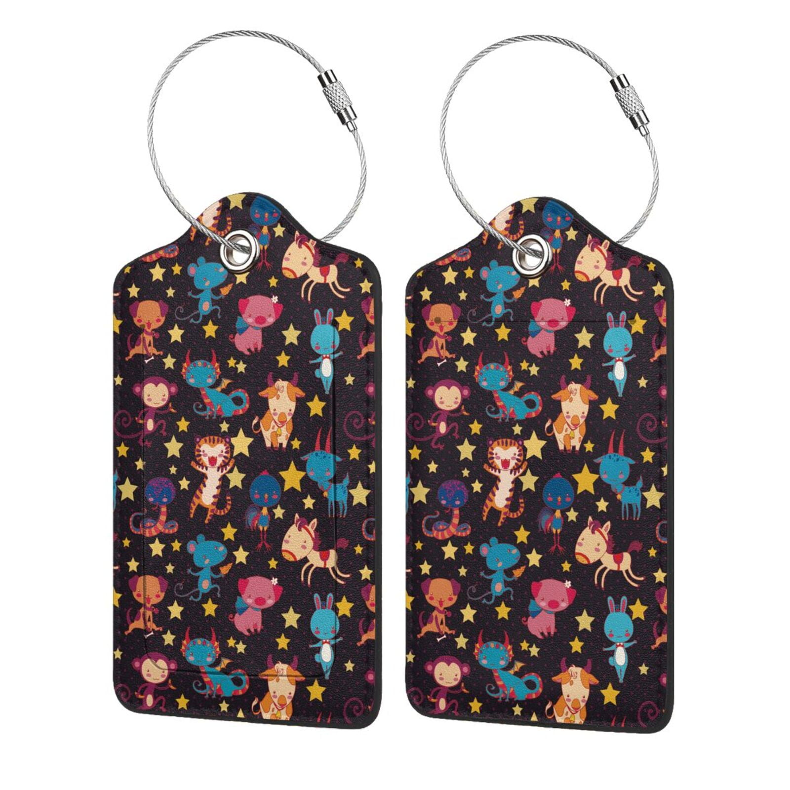 Hirioo Cute Animals Print Leather Luggage Tag with Stainless Steel Loop ...