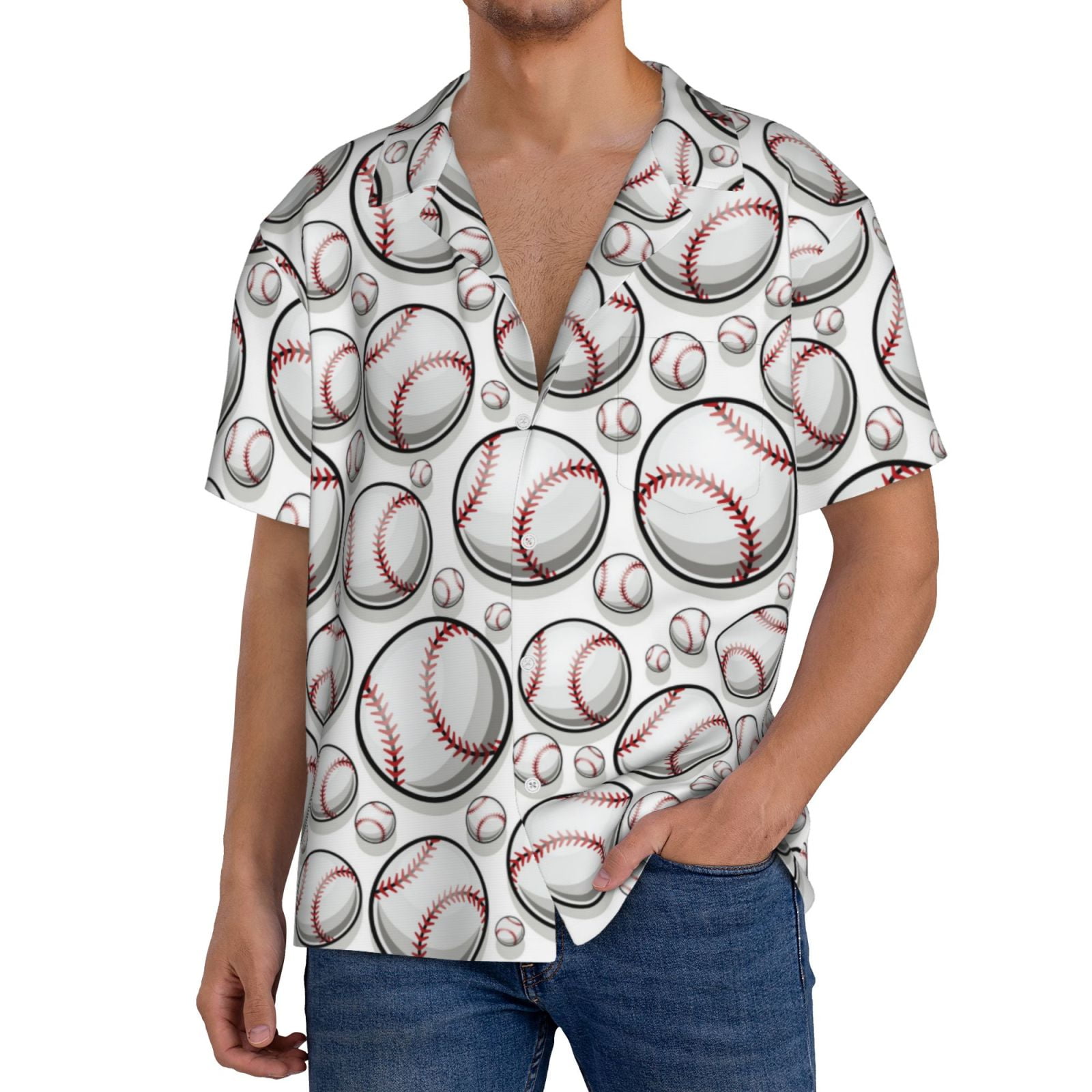Hirioo Cute Baseball for Men's Cuban Collar Short Sleeve Shirt Button ...