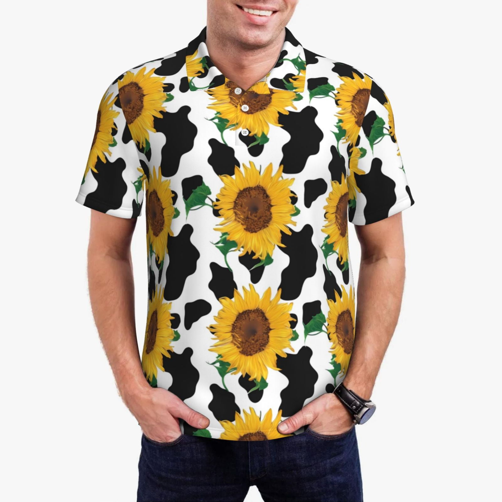 Hirioo Cute Cow Print Sunflower B for Men’s Polo Shirts Quick Dry Short ...