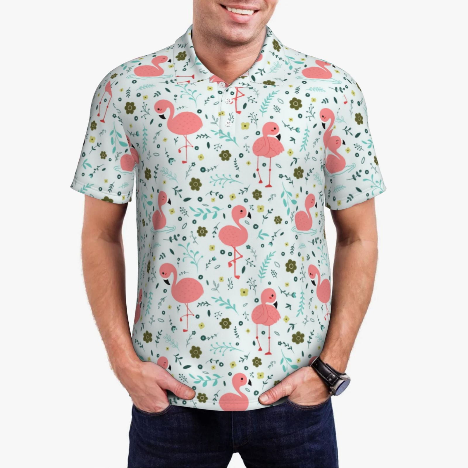 Hirioo Cute Flamingo for Men’s Polo Shirts Quick Dry Short Sleeve Golf ...