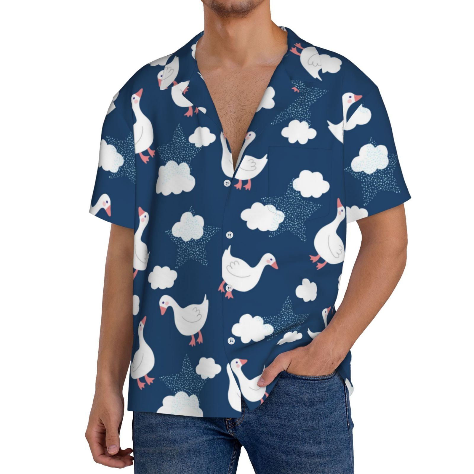 Hirioo Cute Goose On Blue Sky for Men's Cuban Collar Short Sleeve Shirt ...