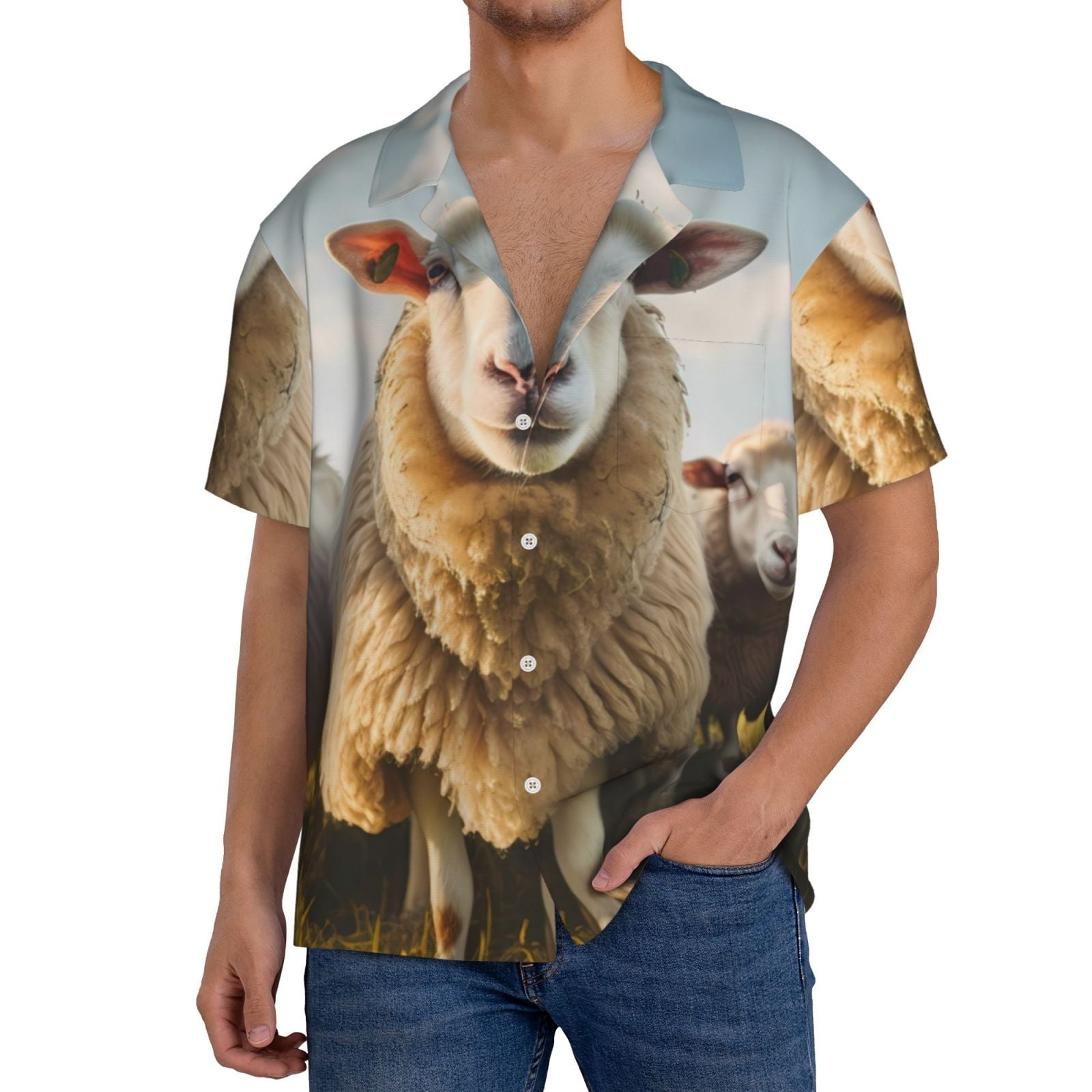 Hirioo Cute Prairie Sheep Herd for Men's Cuban Collar Short Sleeve ...
