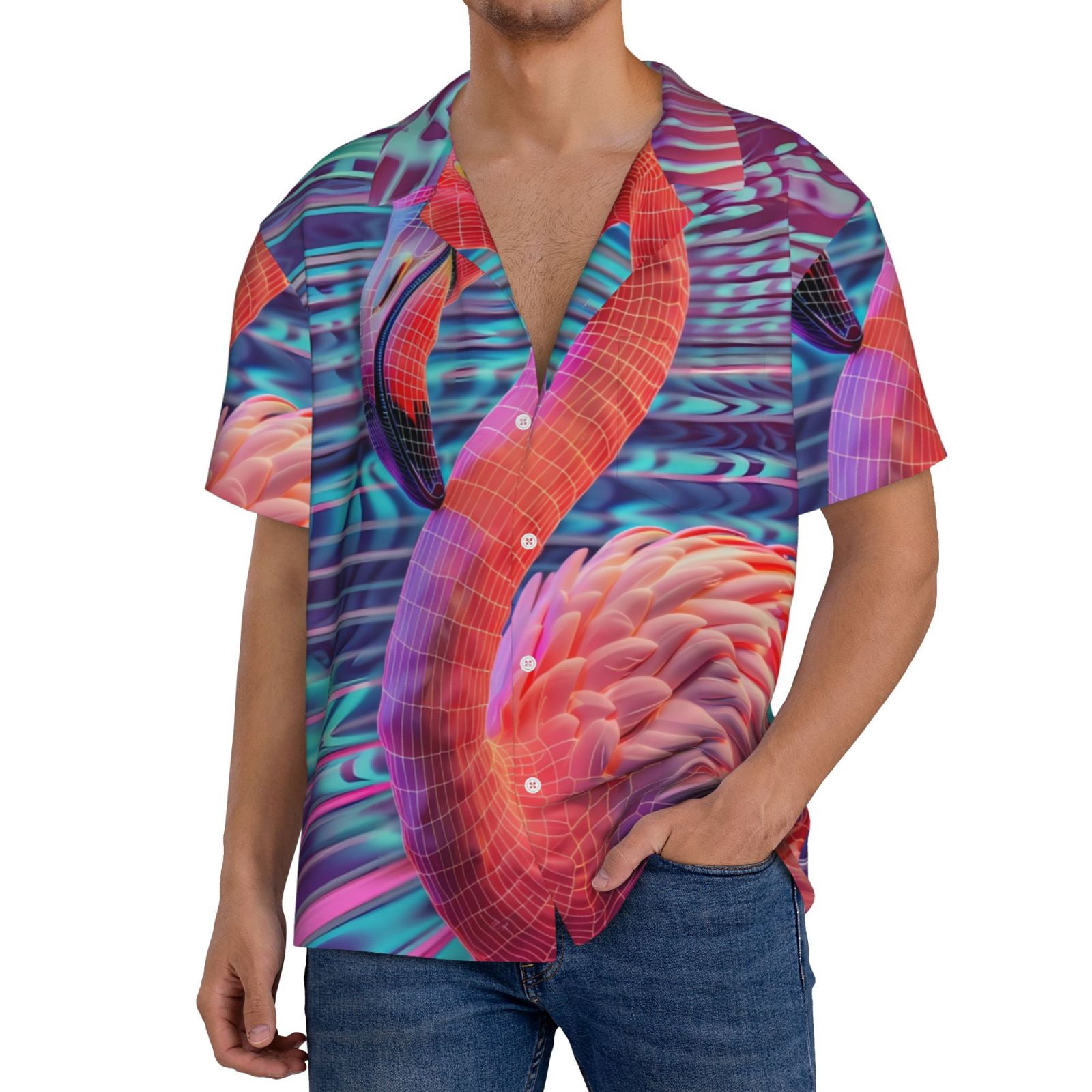 Hirioo Digital Flamingo Vibrant Art for Men's Cuban Collar Short Sleeve ...