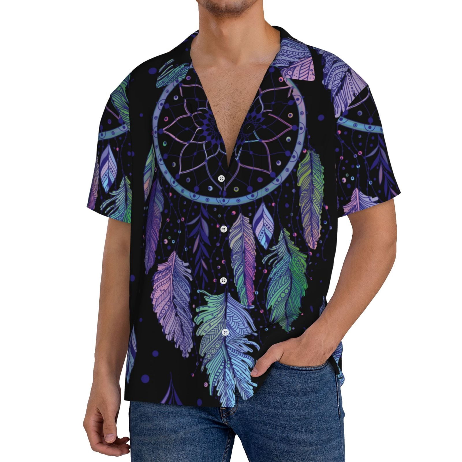Hirioo Dreamcatcher With Colorful Feathers for Men's Cuban Collar Short ...