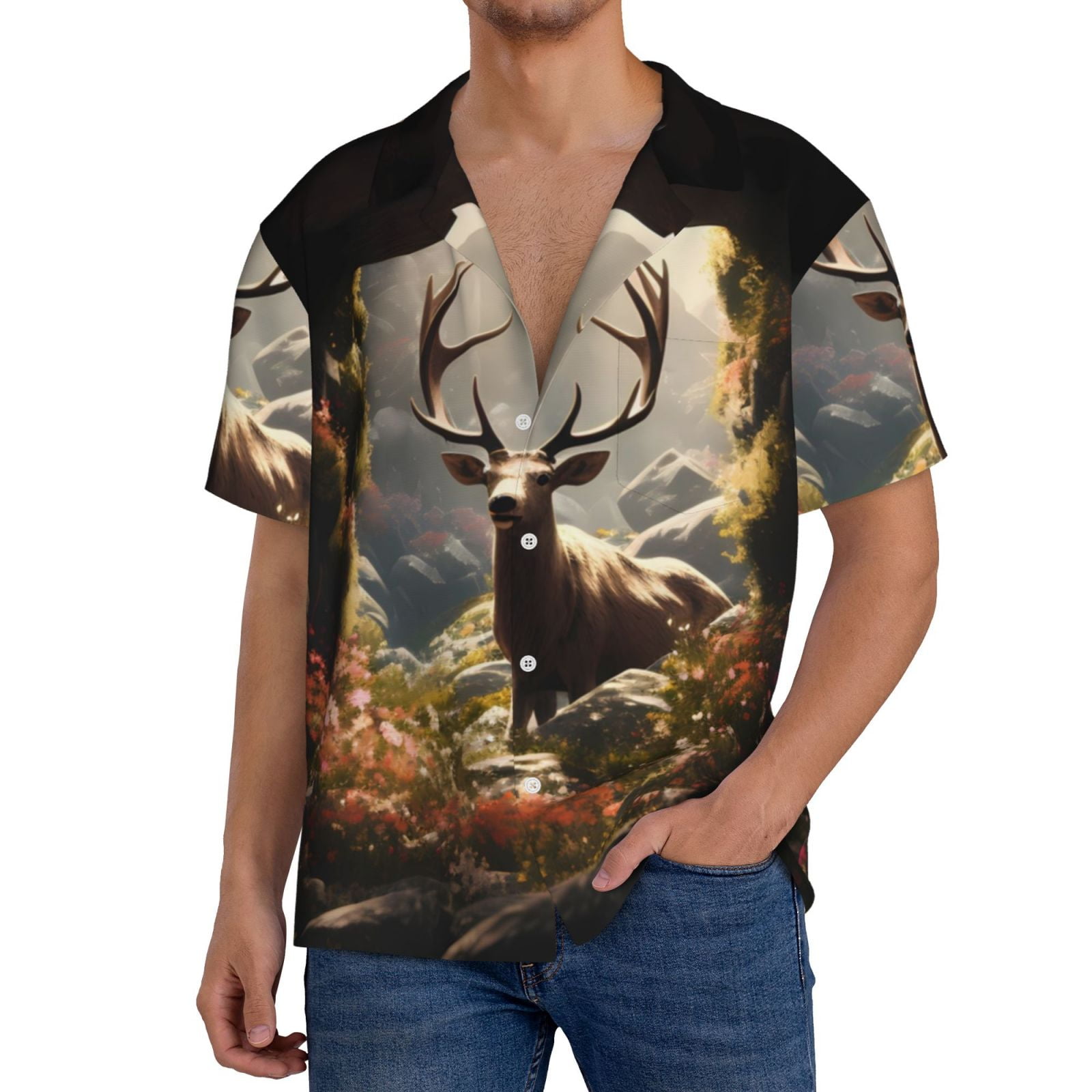Hirioo Enchanted Deer In Cave for Men's Cuban Collar Short Sleeve Shirt ...