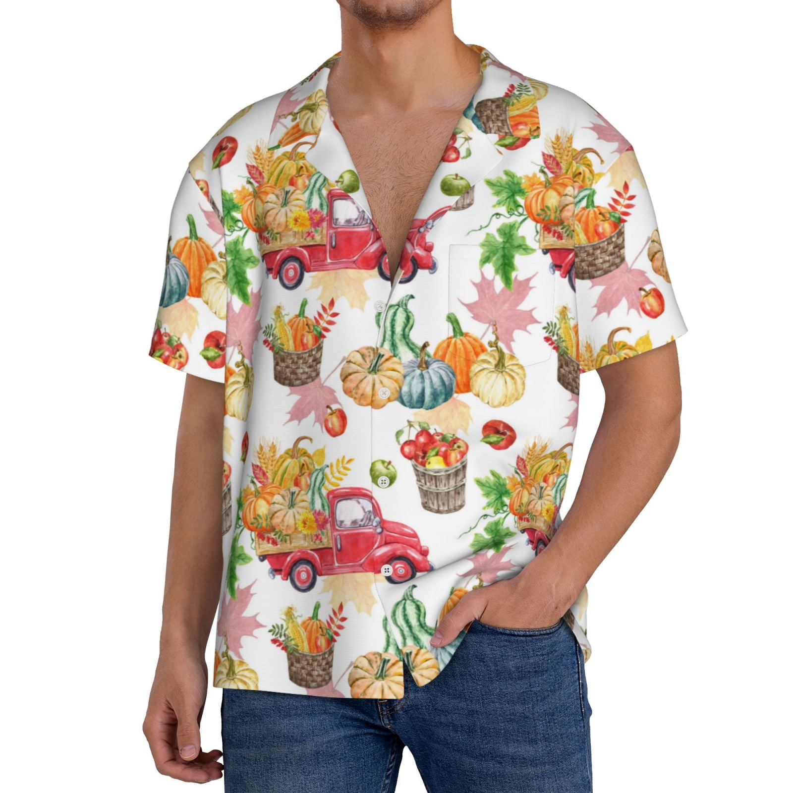 Hirioo Fall harvest truck pumpkin for Men's Cuban Collar Short Sleeve ...