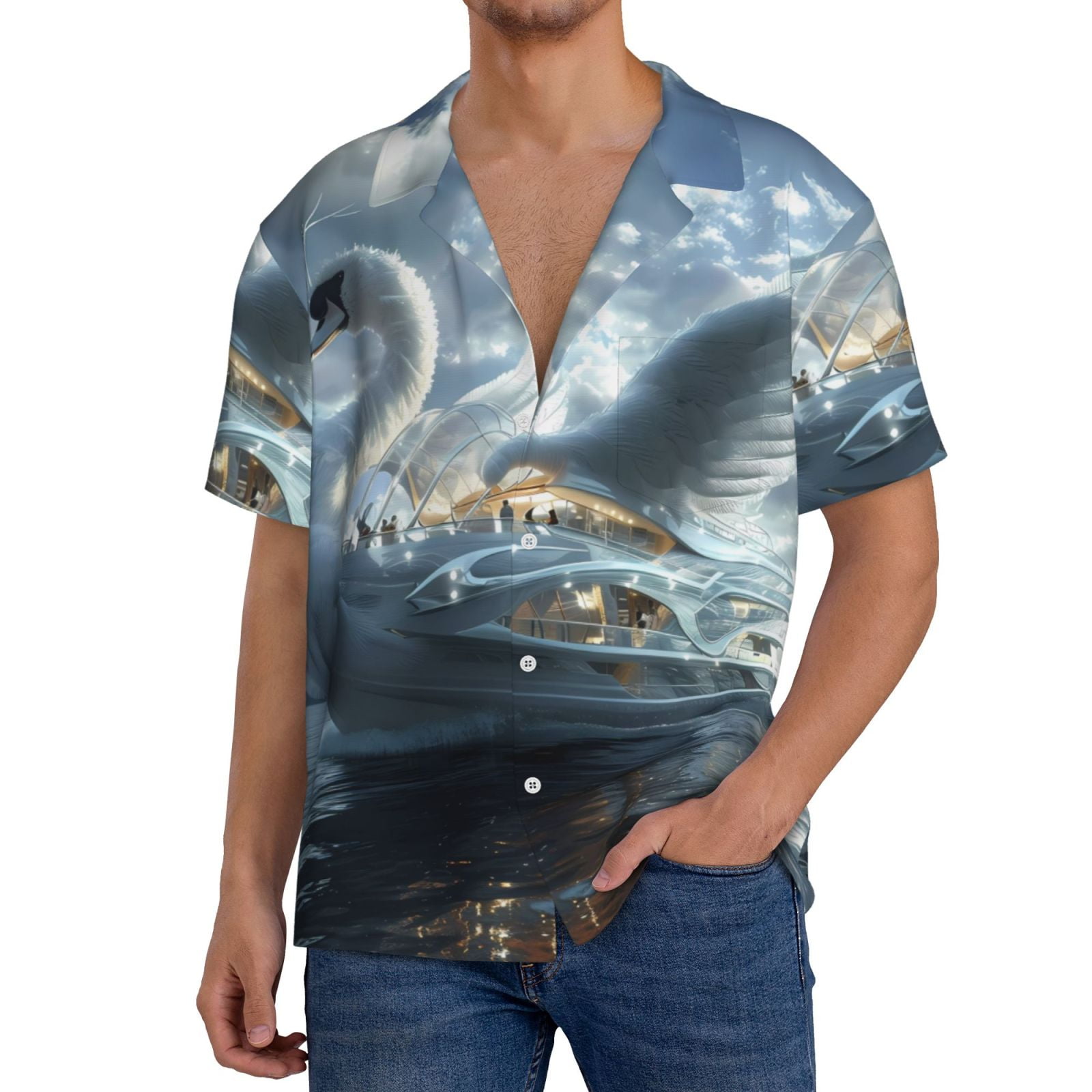 Hirioo Fantasy Swan Yacht Design for Men's Cuban Collar Short Sleeve ...