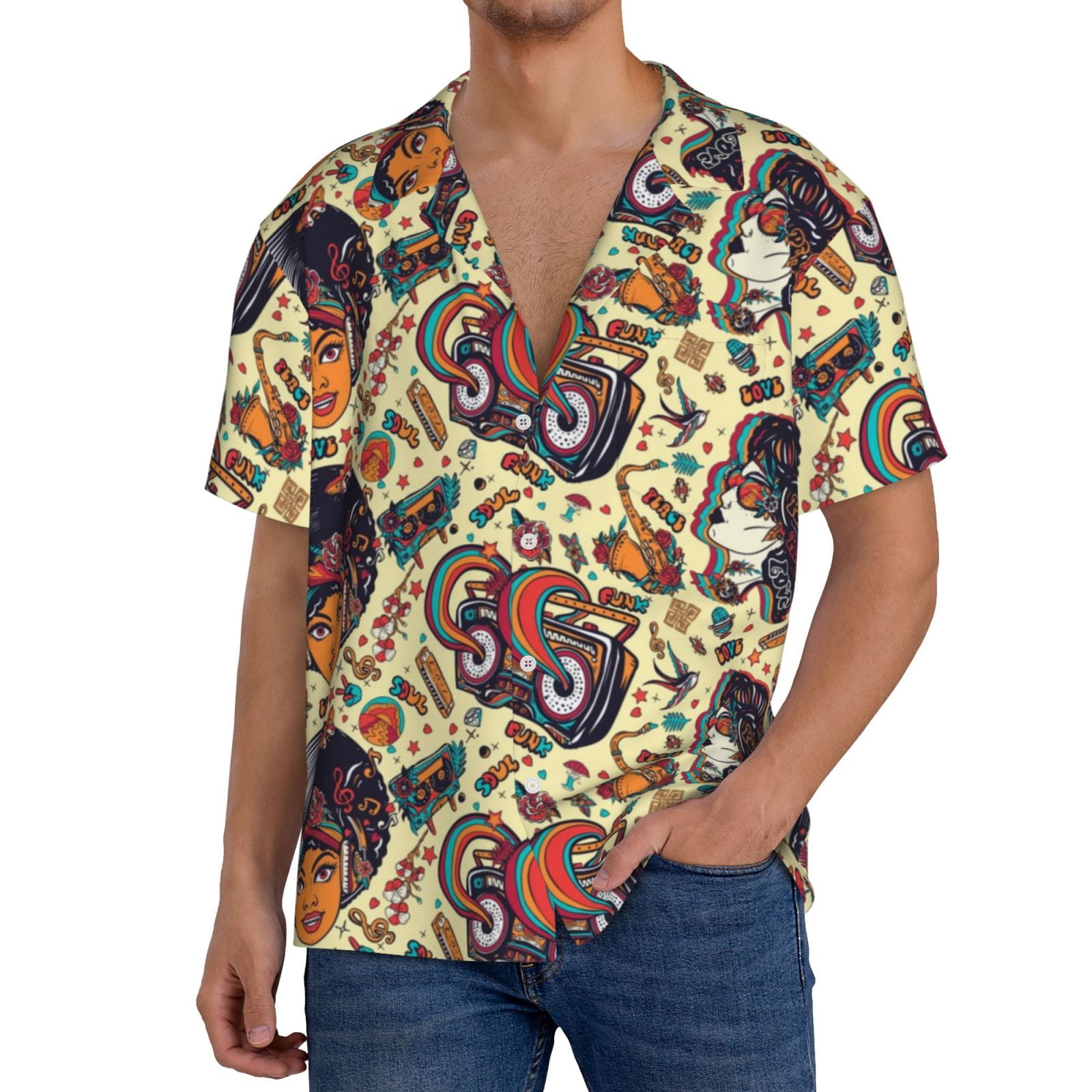 Hirioo Fashion Hippie Girl for Men's Cuban Collar Short Sleeve Shirt ...