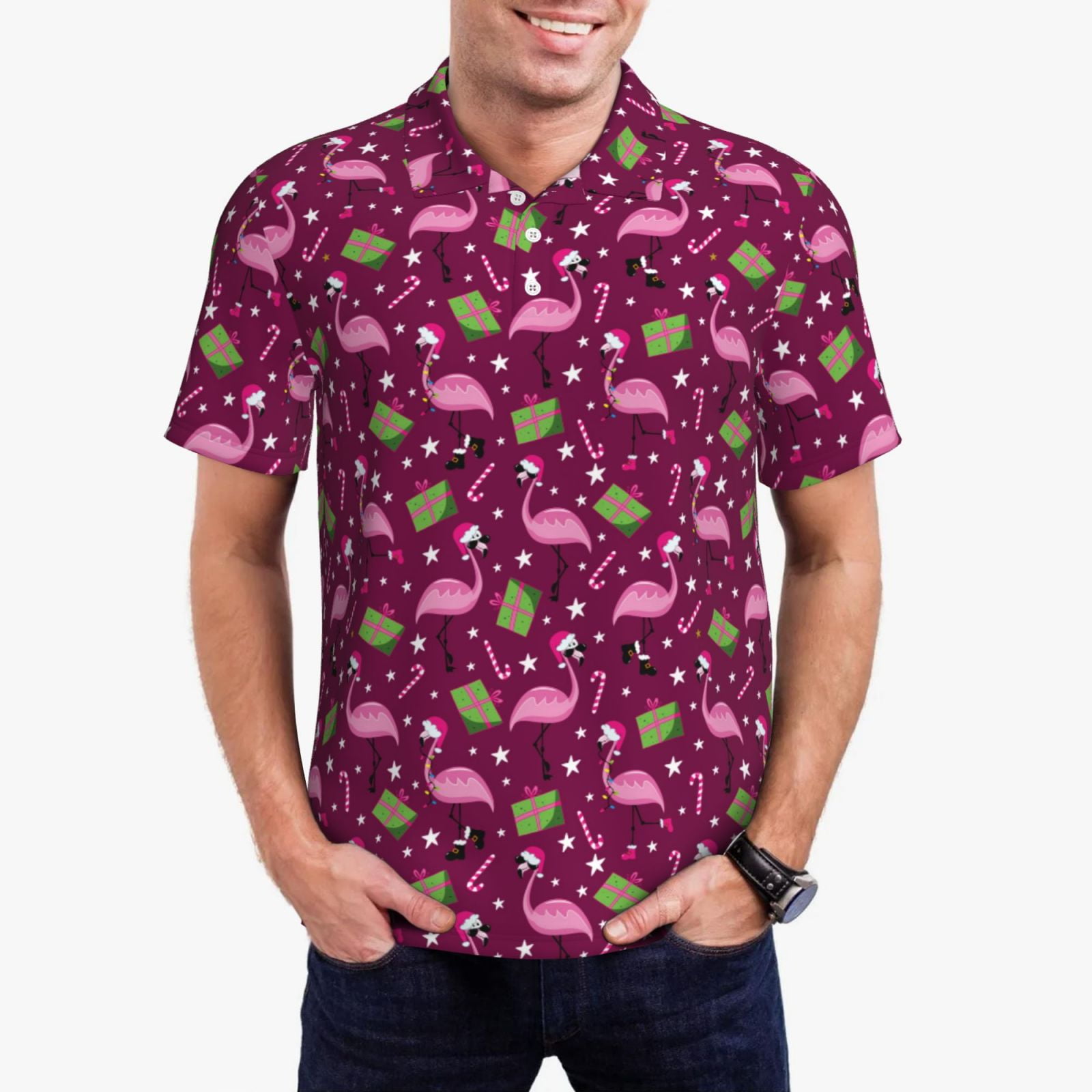 Hirioo Festive Flamingos for Men’s Polo Shirts Quick Dry Short Sleeve ...