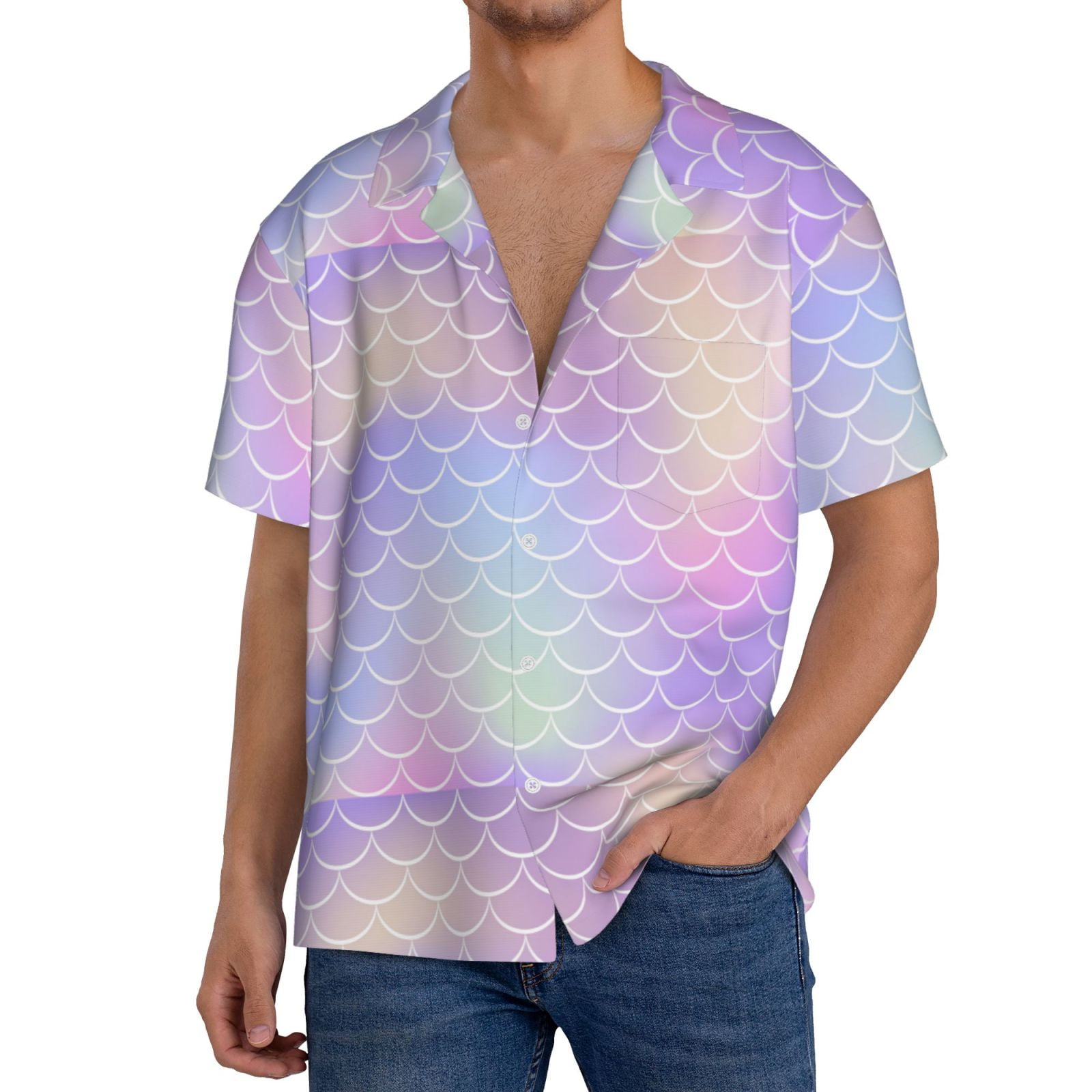 Hirioo Fish Scale1 for Men's Cuban Collar Short Sleeve Shirt Button ...