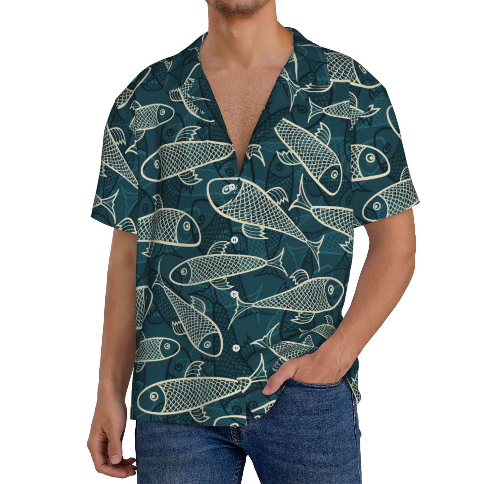Hirioo Fish Style for Men's Cuban Collar Short Sleeve Shirt Button Down ...